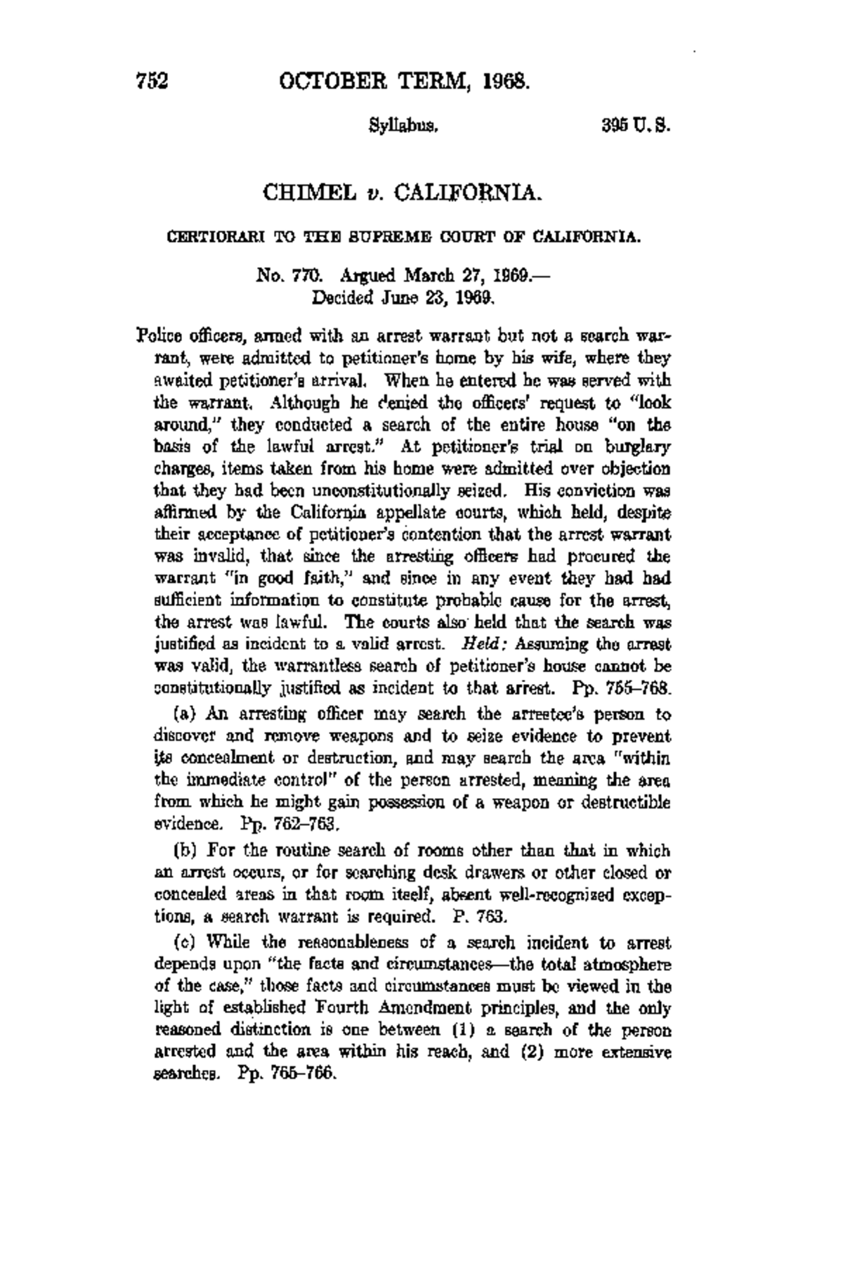 Case Study: Chimel v. California - Fourth Amendment - Studocu