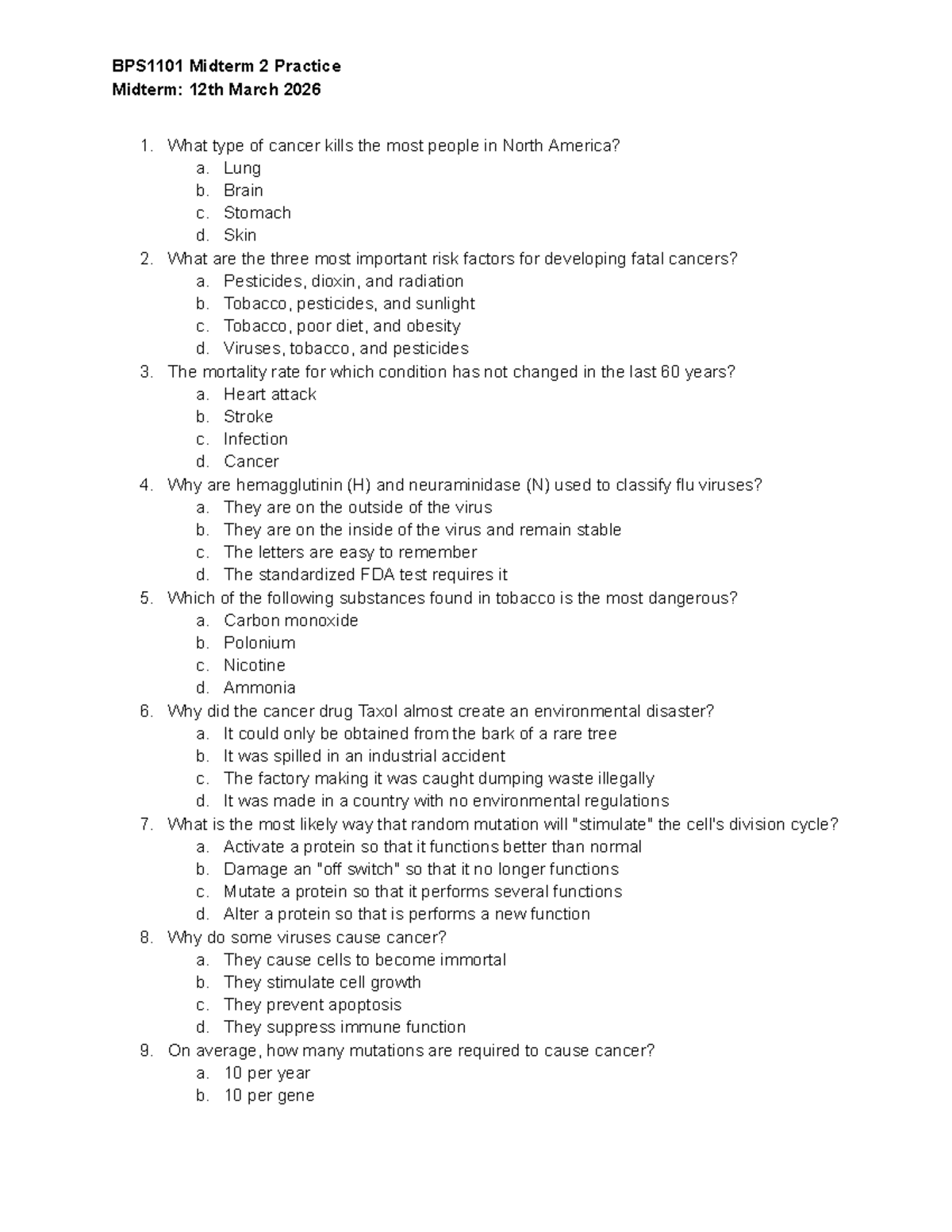BPS1101 Midterm 2 Practice Questions and Answers - Studocu