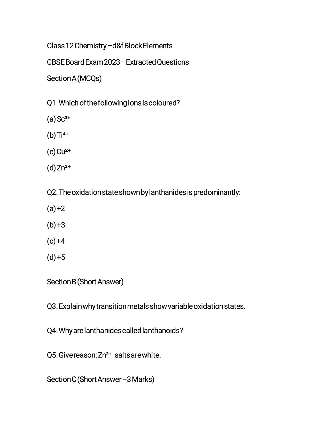 Class 12 Chemistry - d & f Block Elements CBSE Exam 2023 MCQs & SAQs ...