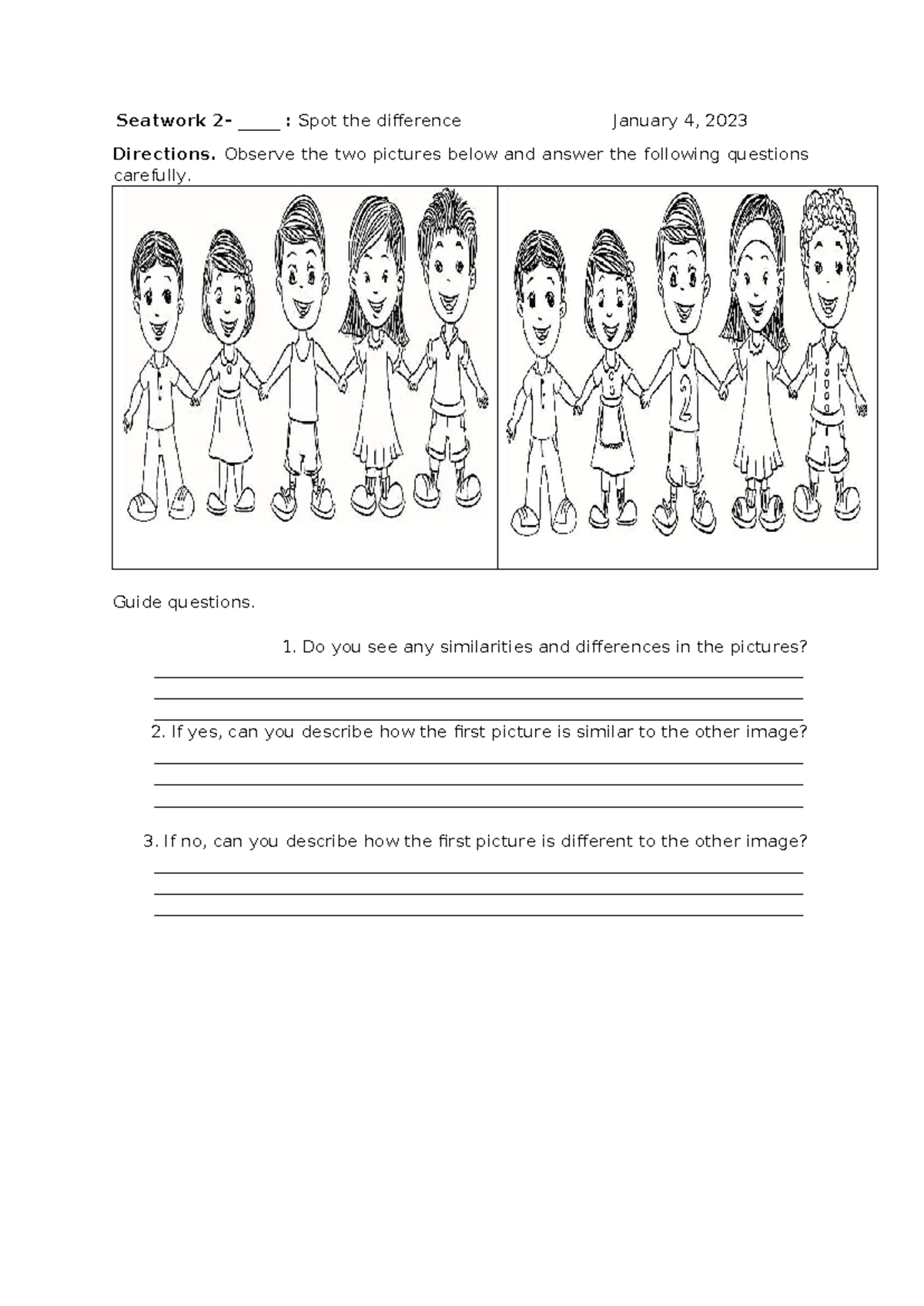 ELS SW- january - Seatwork - Seatwork 2- _____ : Spot the difference ...