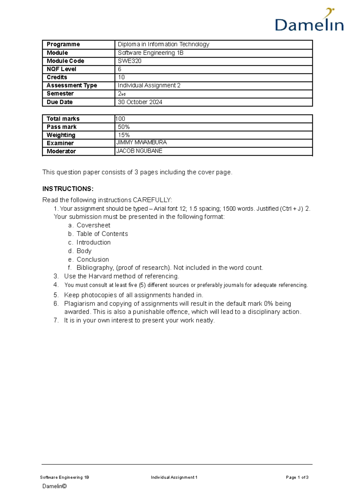 SWE 1B Individual Assignment 2 2024 - Programme Diploma in Information ...