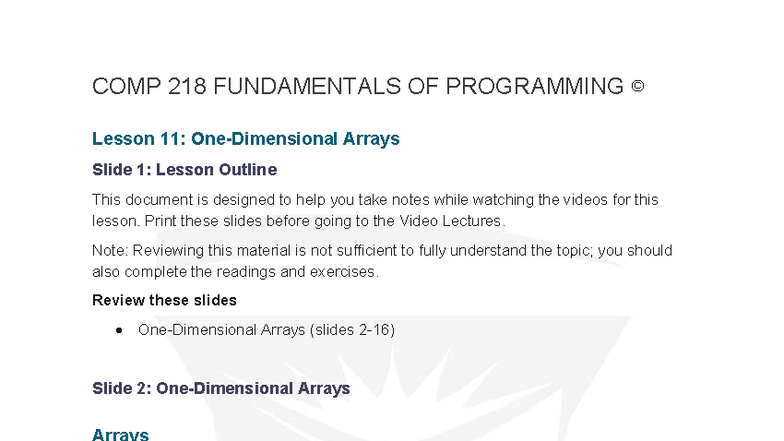 COMP 218 FUNDAMENTALS OF PROGRAMMING Lesson 11: Arrays Notes - Studocu