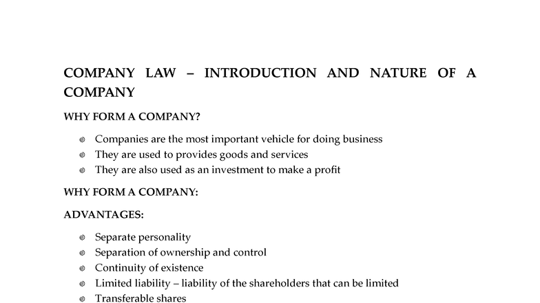 COMPANY LAW 101: Introduction, Nature, and Formation of Companies - Studocu