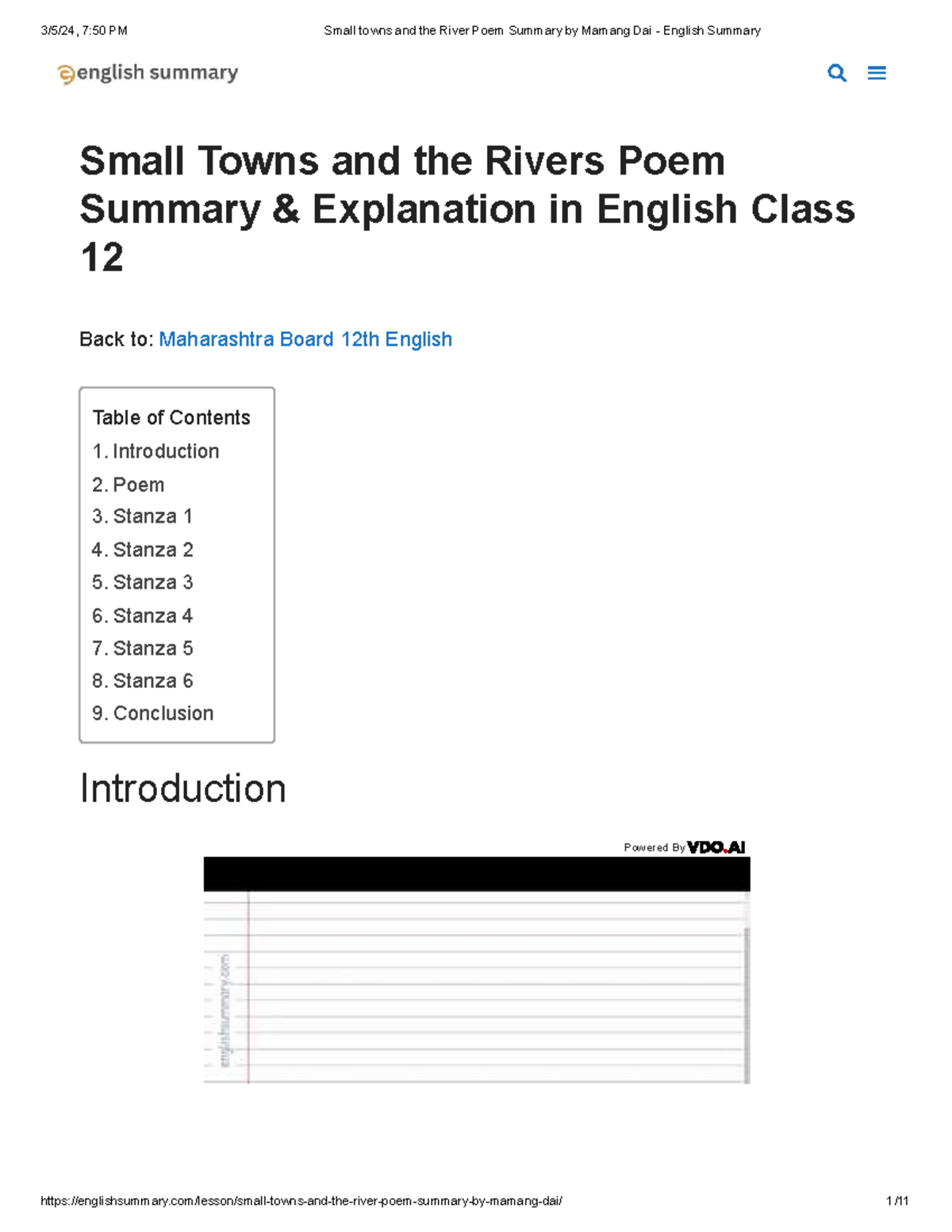 Class 12 English: Small Towns and the River Poem Summary by Mamang Dai ...