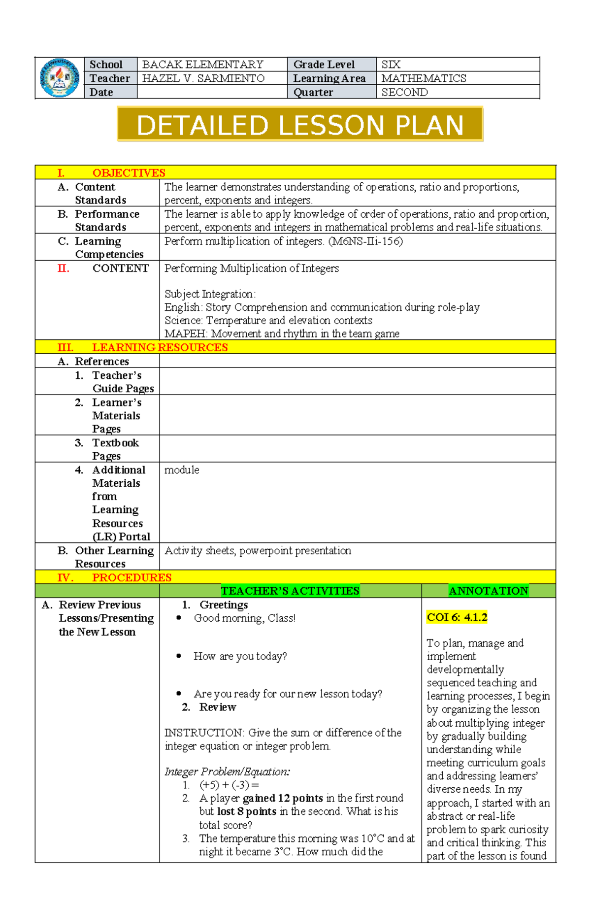 COT Math 6: Detailed Lesson Plan on Multiplying Integers - Studocu
