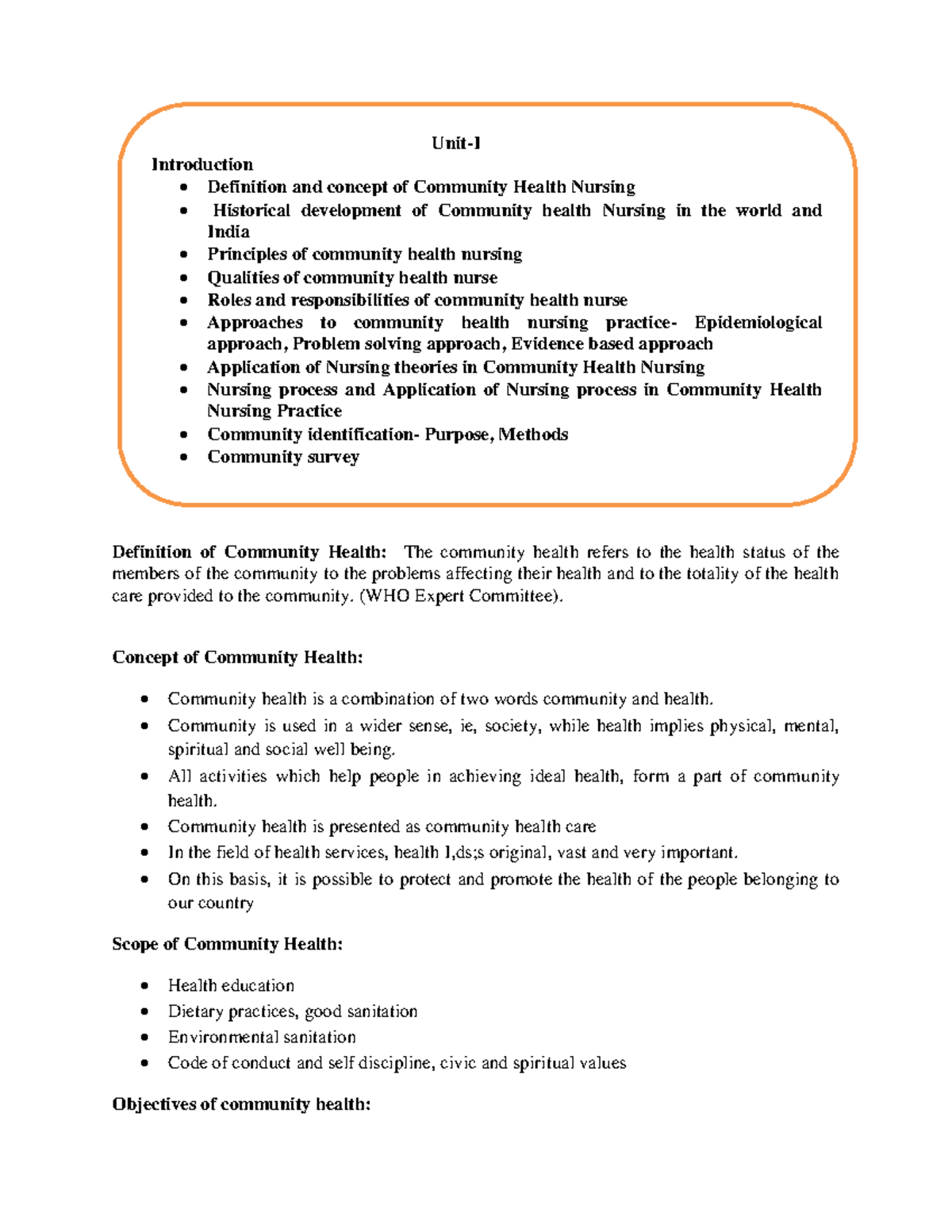 Unit 1 - Principles of Community Health Nursing Overview and Insights ...