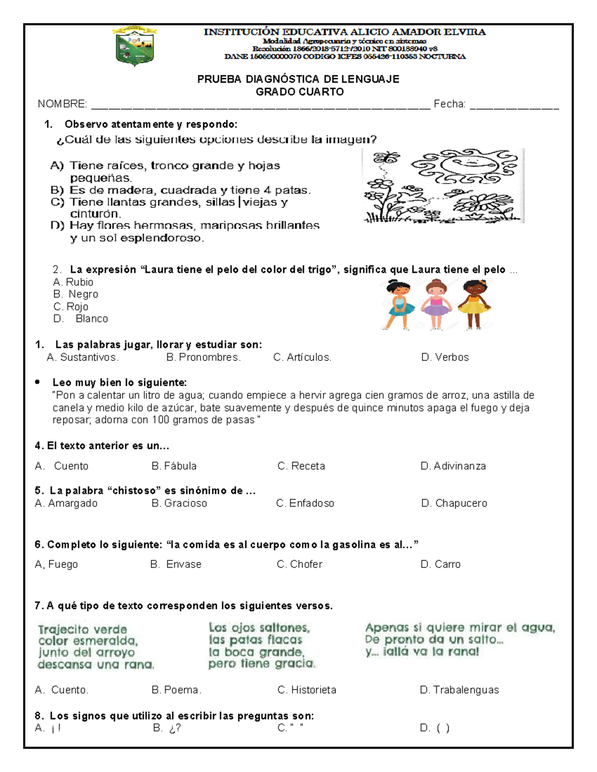 4° y 5° - Prueba Diagnóstica de Lenguaje y Comprensión Lectora - Studocu