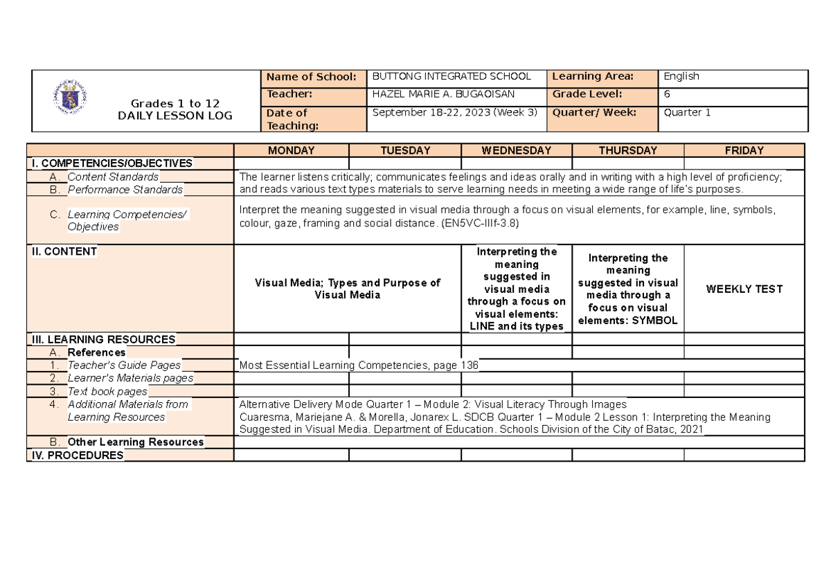 DLL English 6 Q1 Week 3 Daily Lesson Plan on Visual Media - Studocu