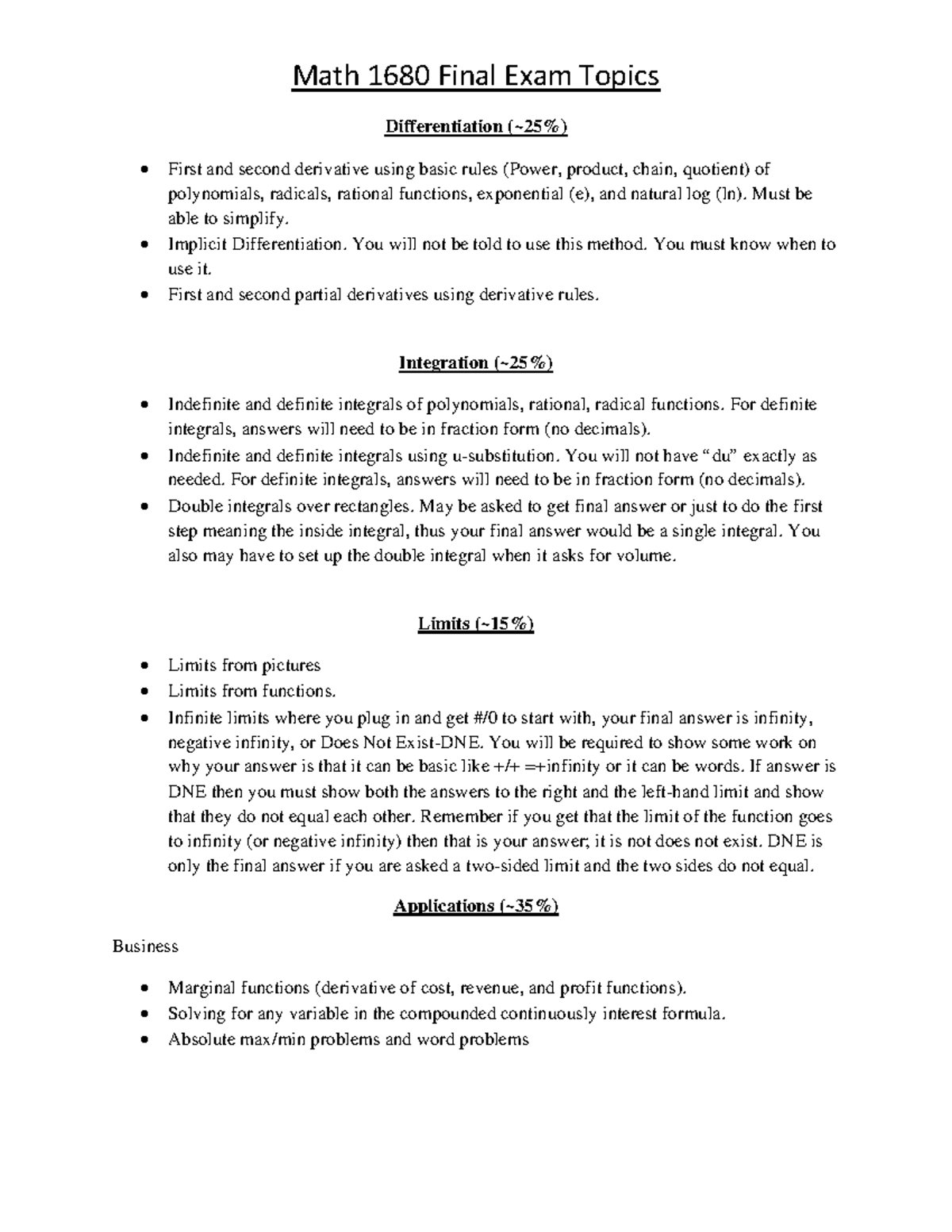 1680 Final Exam Topics - Math 1680 Final Exam Topics Differentiation ...