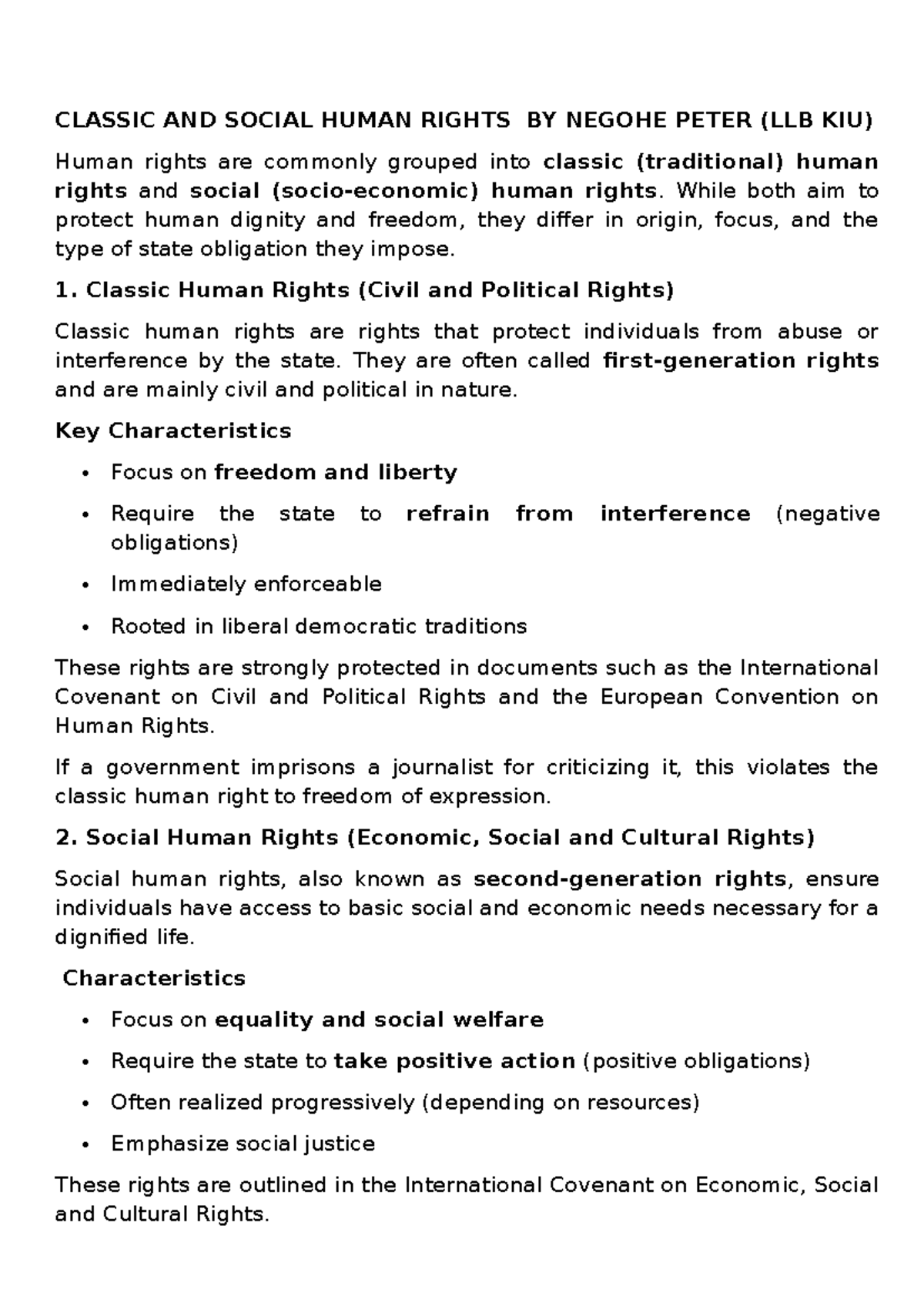 LLB KIU: Classification of Human Rights - Classic vs Social Rights ...