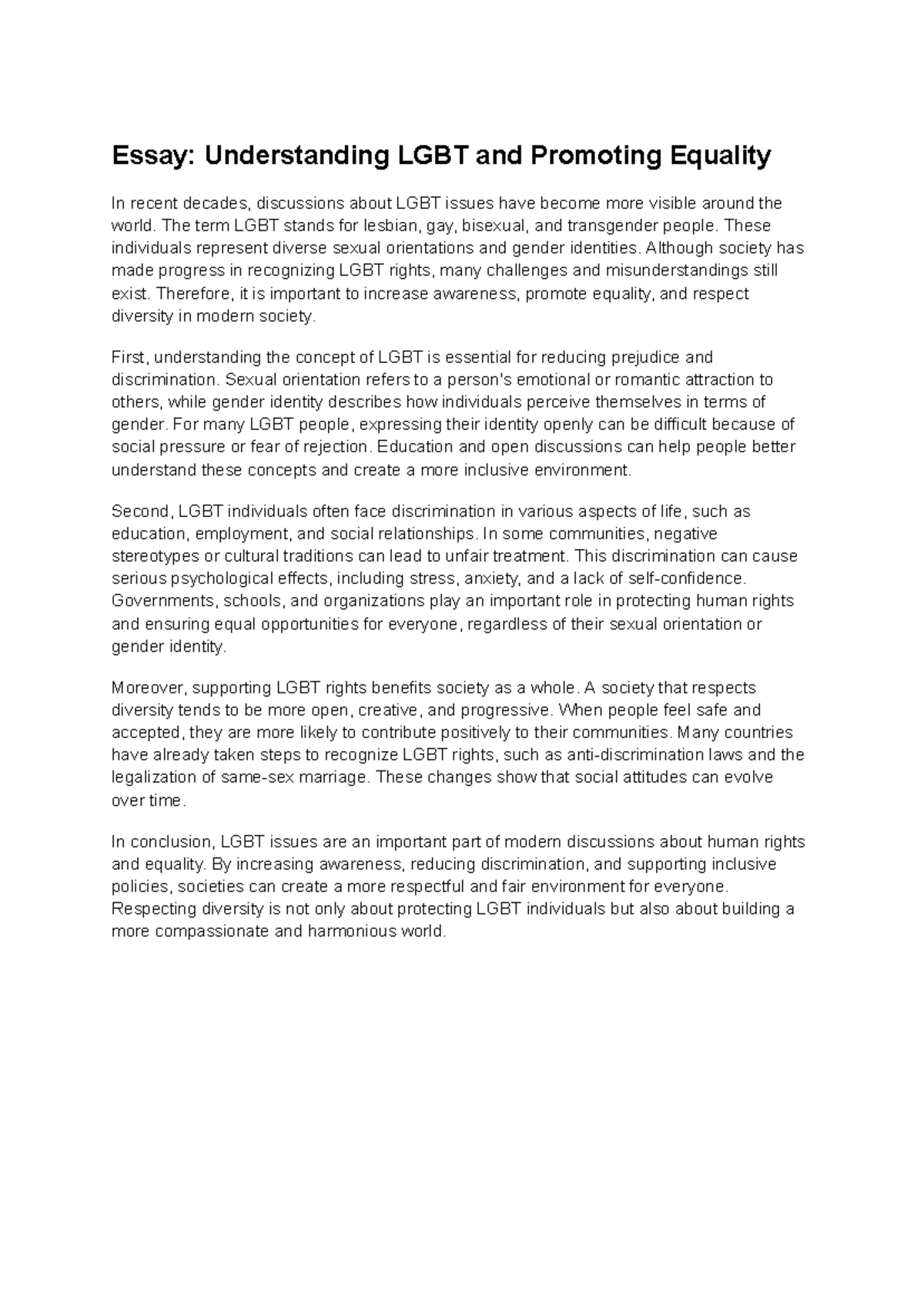 Essay: Understanding LGBT Issues & Promoting Equality - Studocu