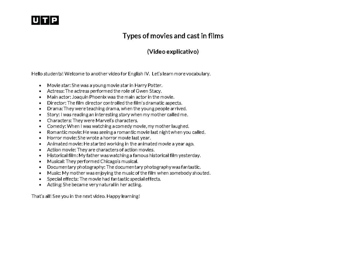 Week 04 - Pre-Task: Types of Movies & Cast in Films Presentation - Studocu