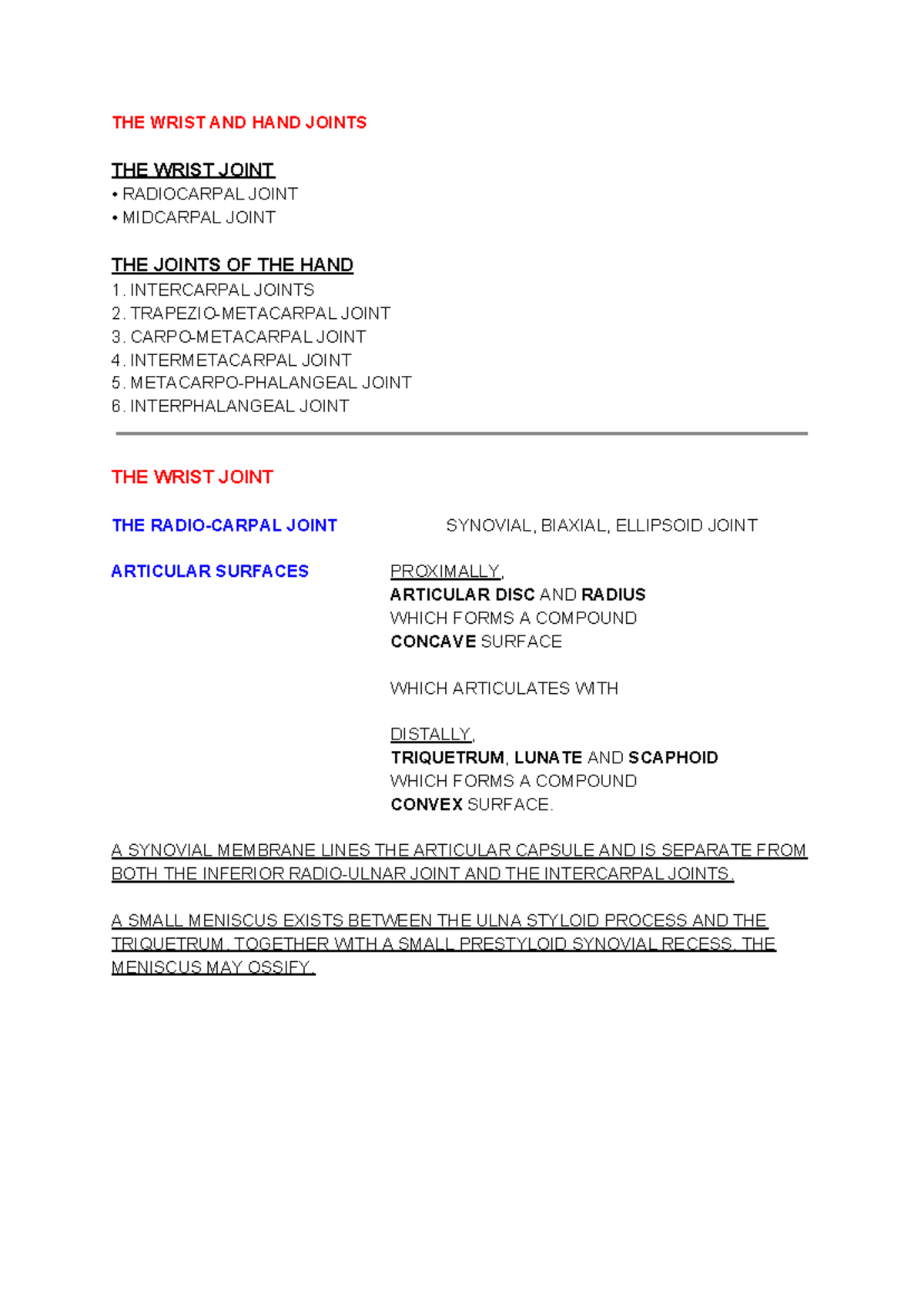 The Wrist and the Hand - Arthrology - THE WRIST AND HAND JOINTS THE ...