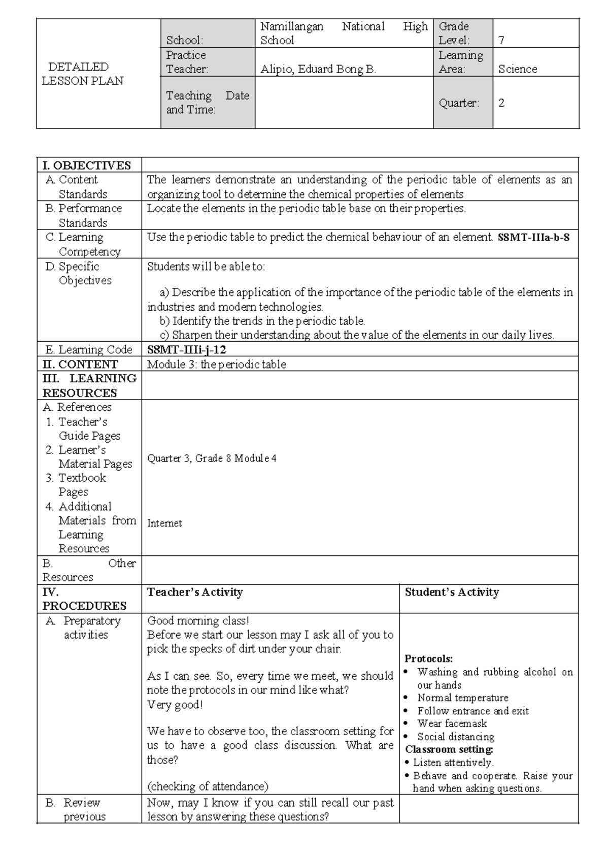Midterm DLP - Detailed Lesson Plan on the Periodic Table (Science 8 ...