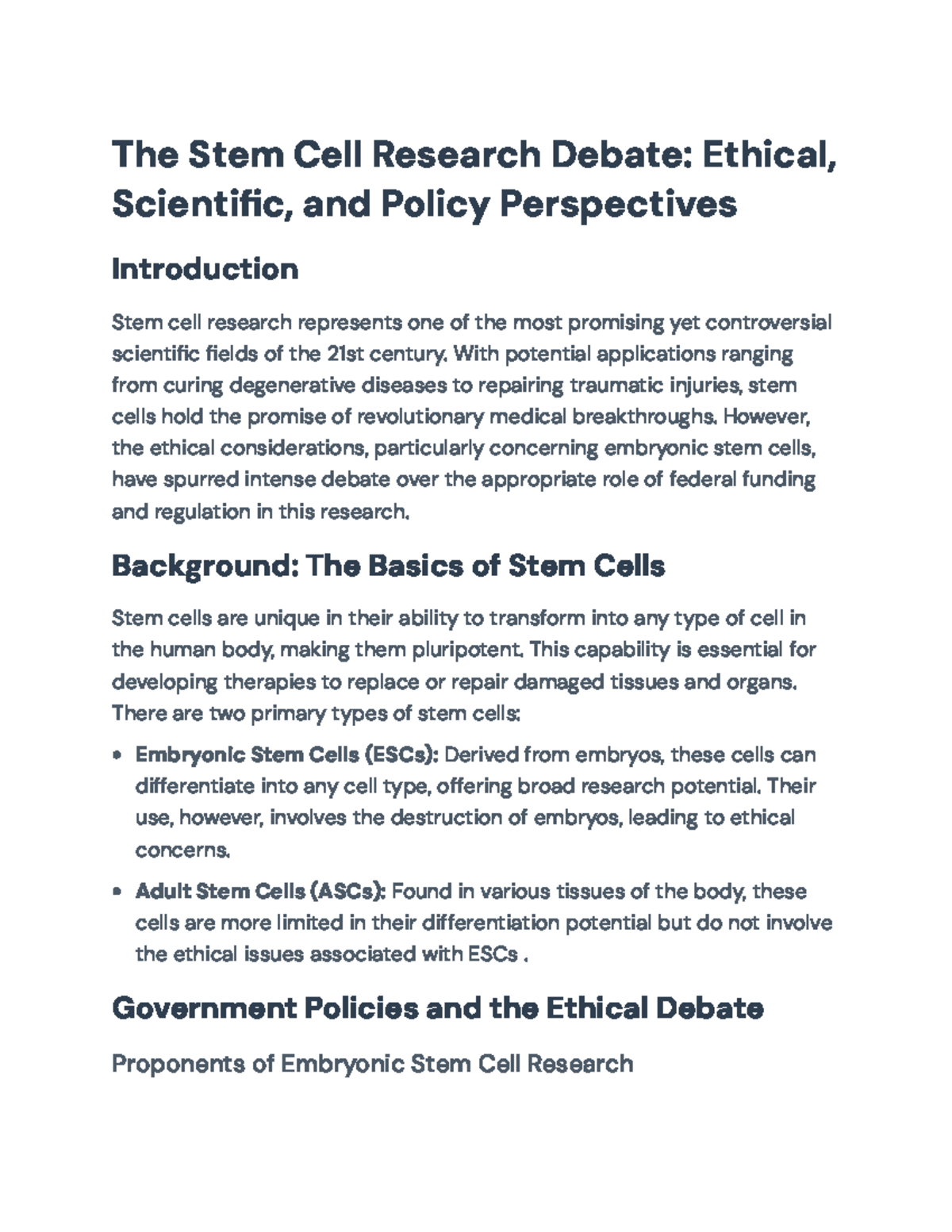The Stem Cell Research Debate: Ethical, Scientific & Policy Issues ...