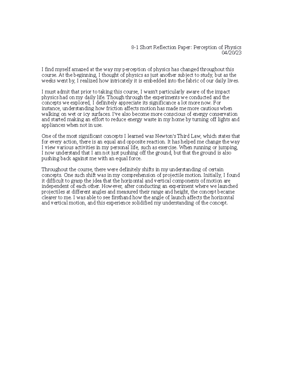 8-1 Short Reflection Paper - Perception of Physics - 8-1 Short ...