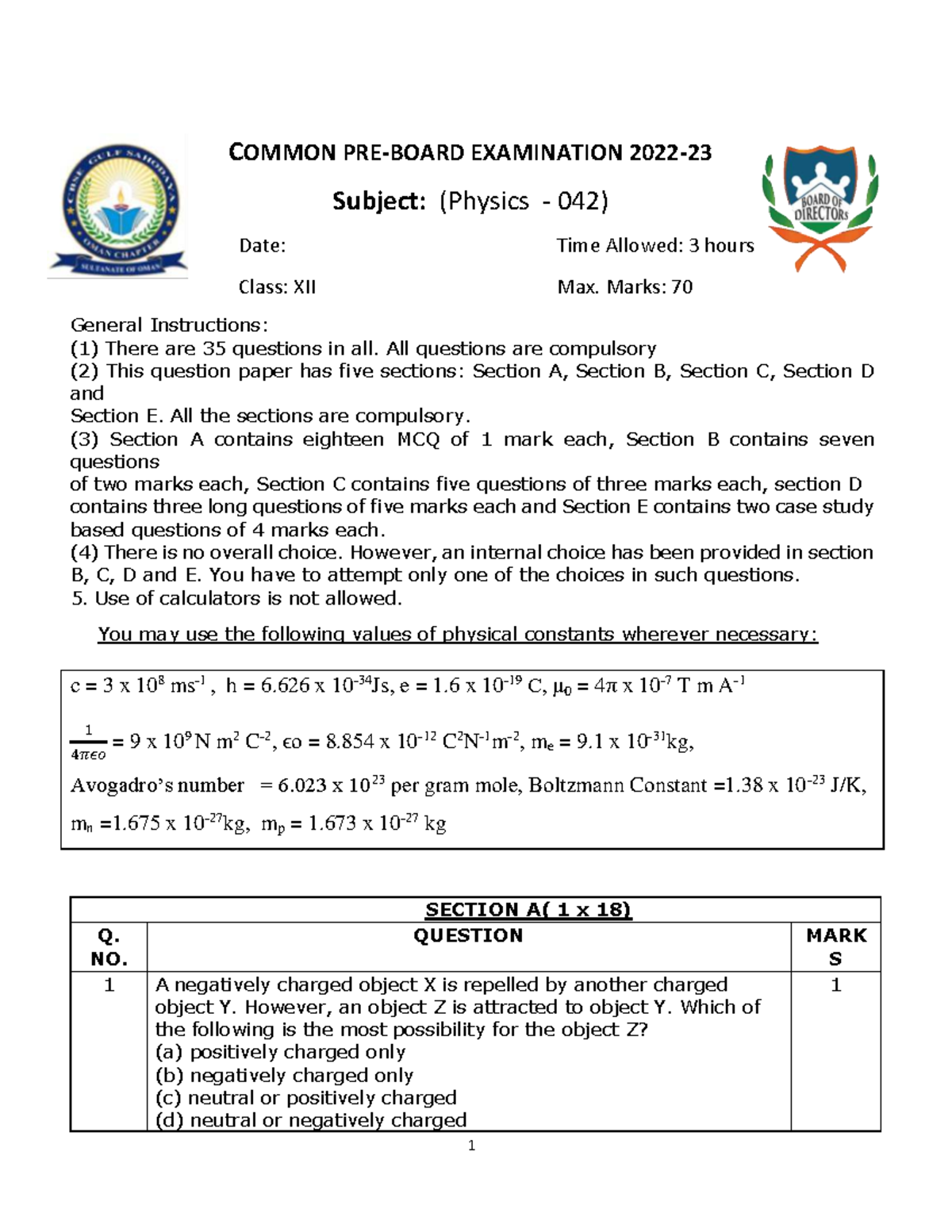 Physics 042: Common Examination Sample Paper for Class XII - Studocu