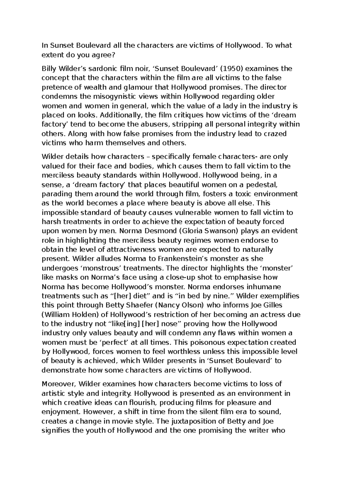 Victims of Hollywood: Analyzing Sunset Boulevard's Characters - Studocu