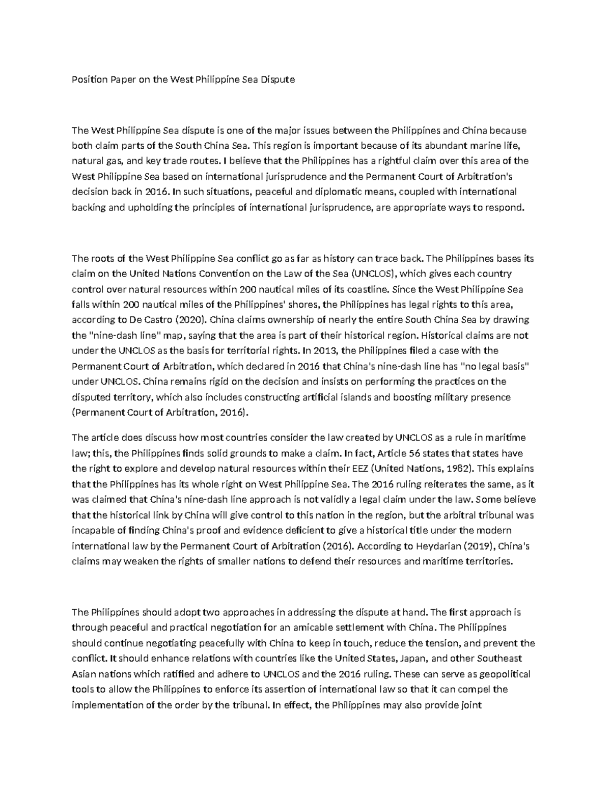 Position Paper on the West Philippine Sea Dispute: Legal Perspectives ...