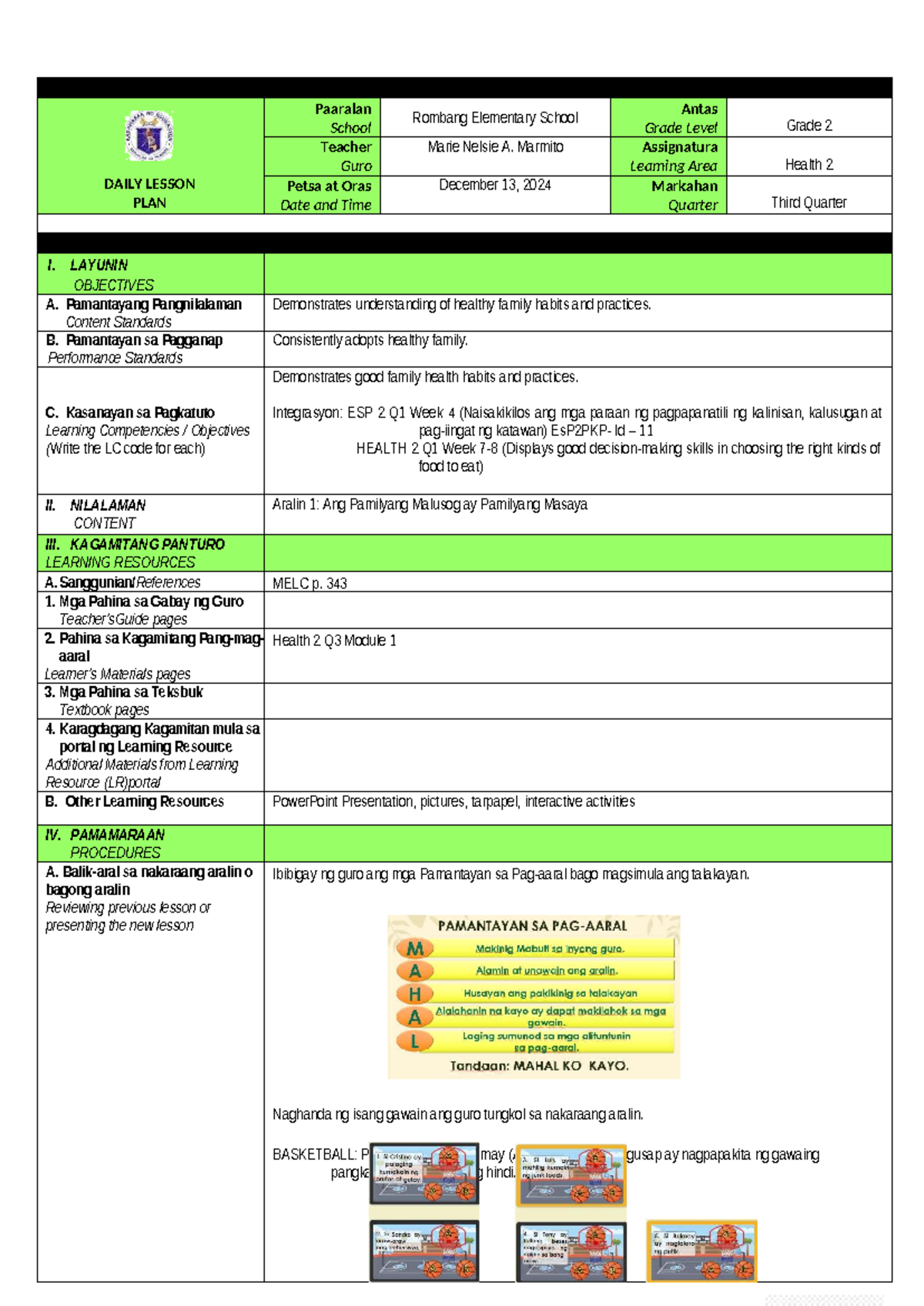 DLP Health 2 Q3 - Daily Lesson Plan for Grade 2 on Family Health - Studocu