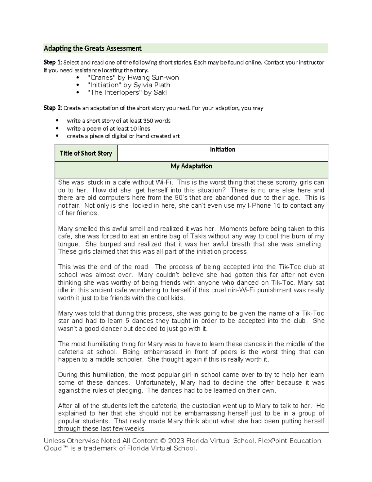 Adapting "Initiation" - Creative Assessment for ENG 101 - Studocu