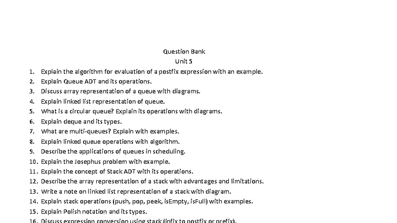DSA - Question Bank: Unit 5 on Queues & Stacks Concepts - Studocu