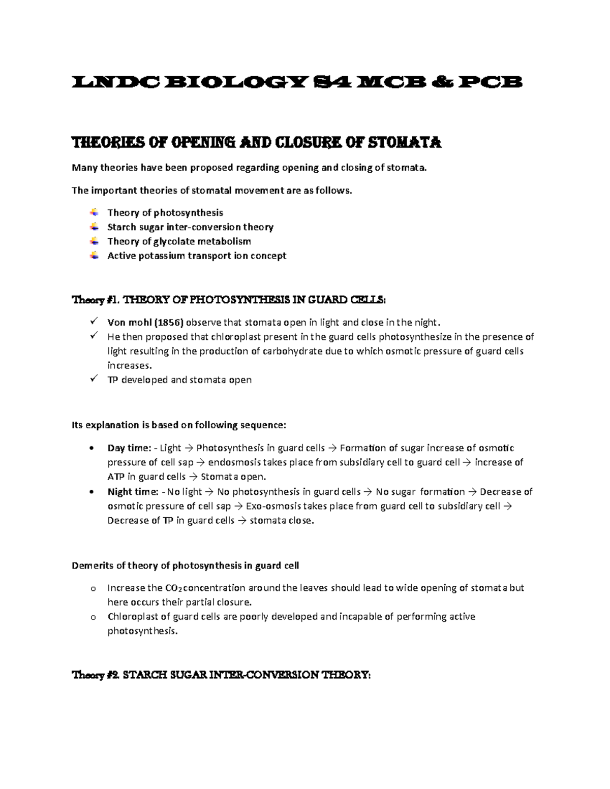 Theories of Stomatal Movement - LNDC BIOLOGY S 4 MCB & PCB - Studocu