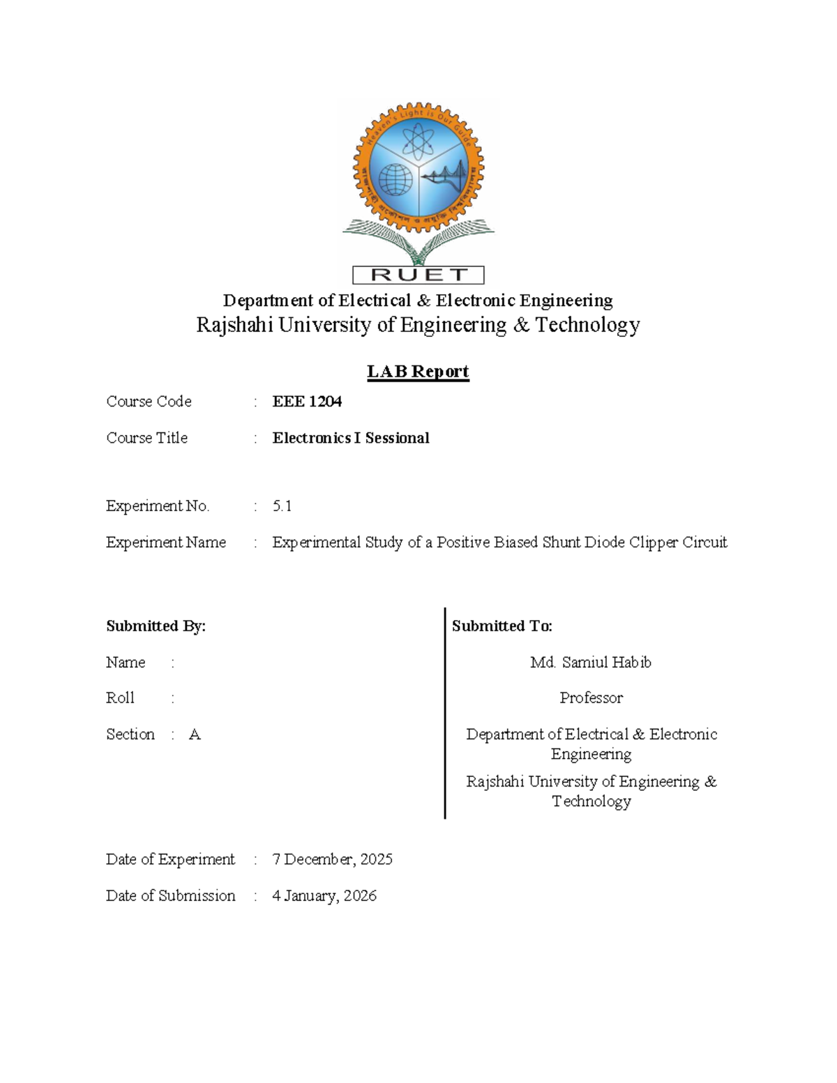 LAB Report 1204: Positive Biased Shunt Diode Clipper Circuit - Studocu