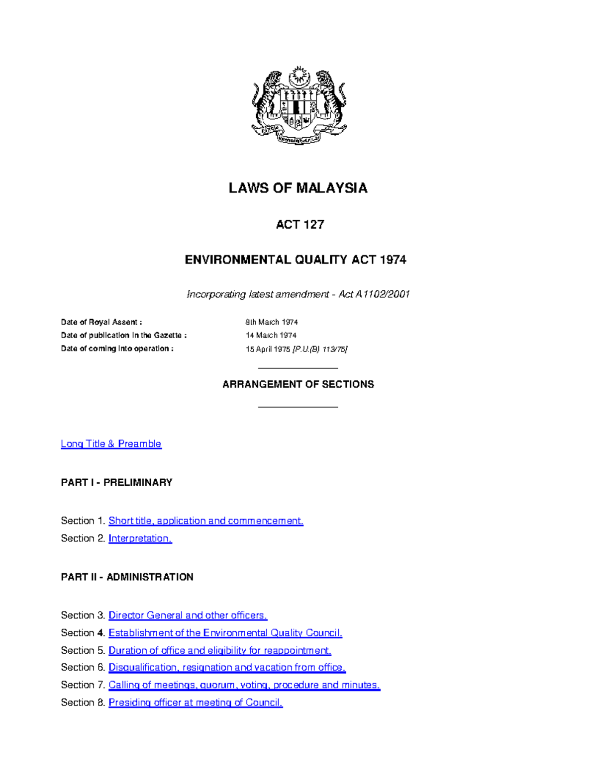 Environmental Quality Act 1974 - LAWS OF MALAYSIA ACT 127 ENVIRONMENTAL ...