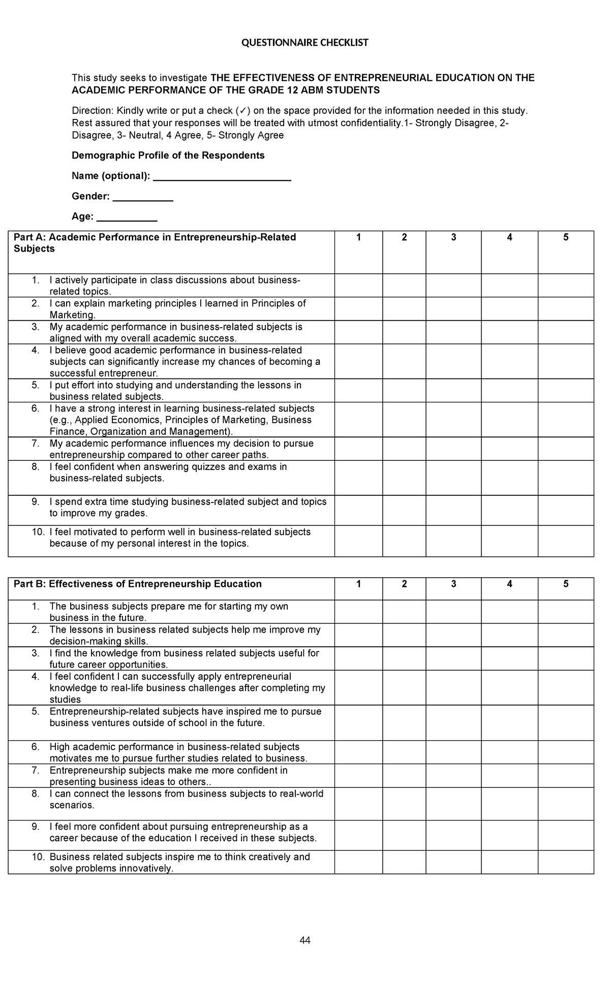 Questionnaires - answers - QUESTIONNAIRE CHECKLIST This study seeks to ...