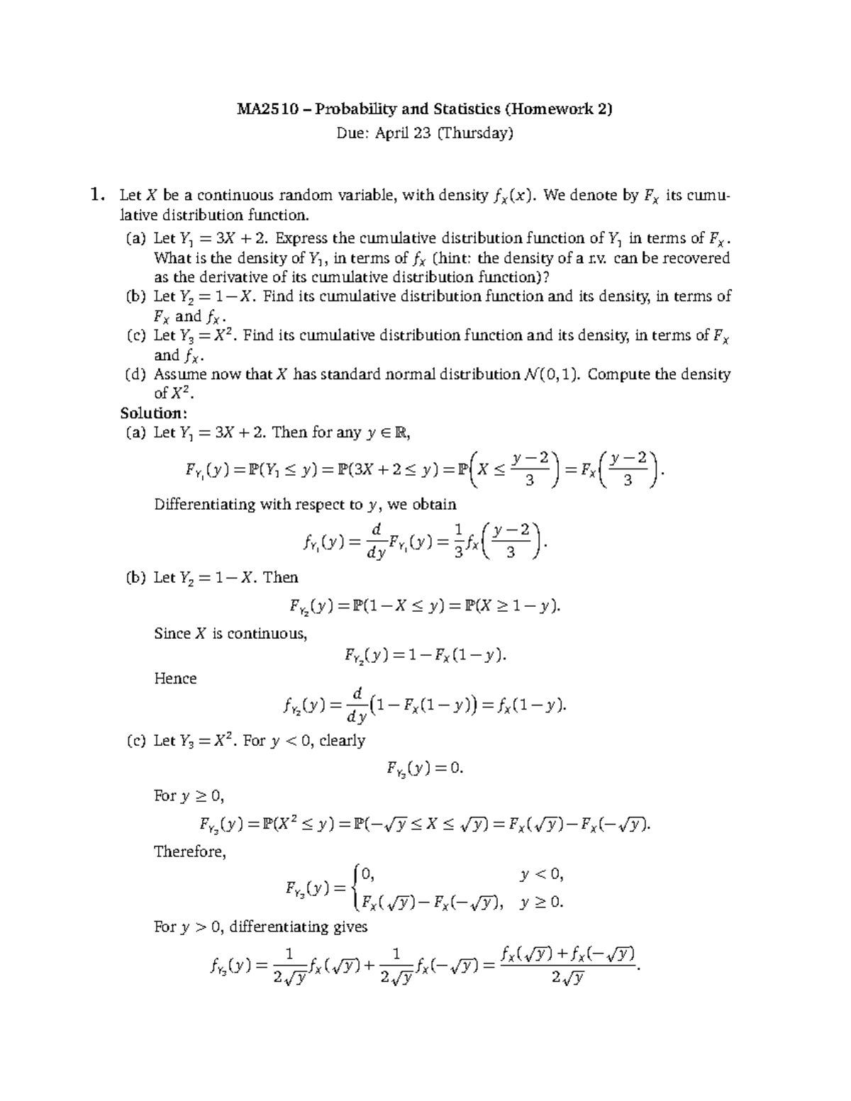 MA2510 Probability and Statistics (Homework 2 Solutions) - Studocu