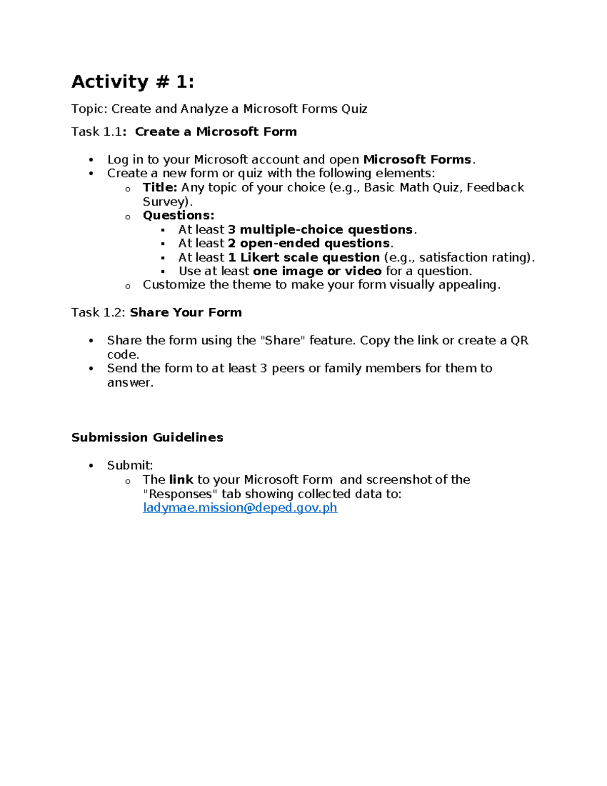 Microsoft Forms - ICT - Activity # 1: Topic: Create and Analyze a Microsoft Forms Quiz Task 1 ...