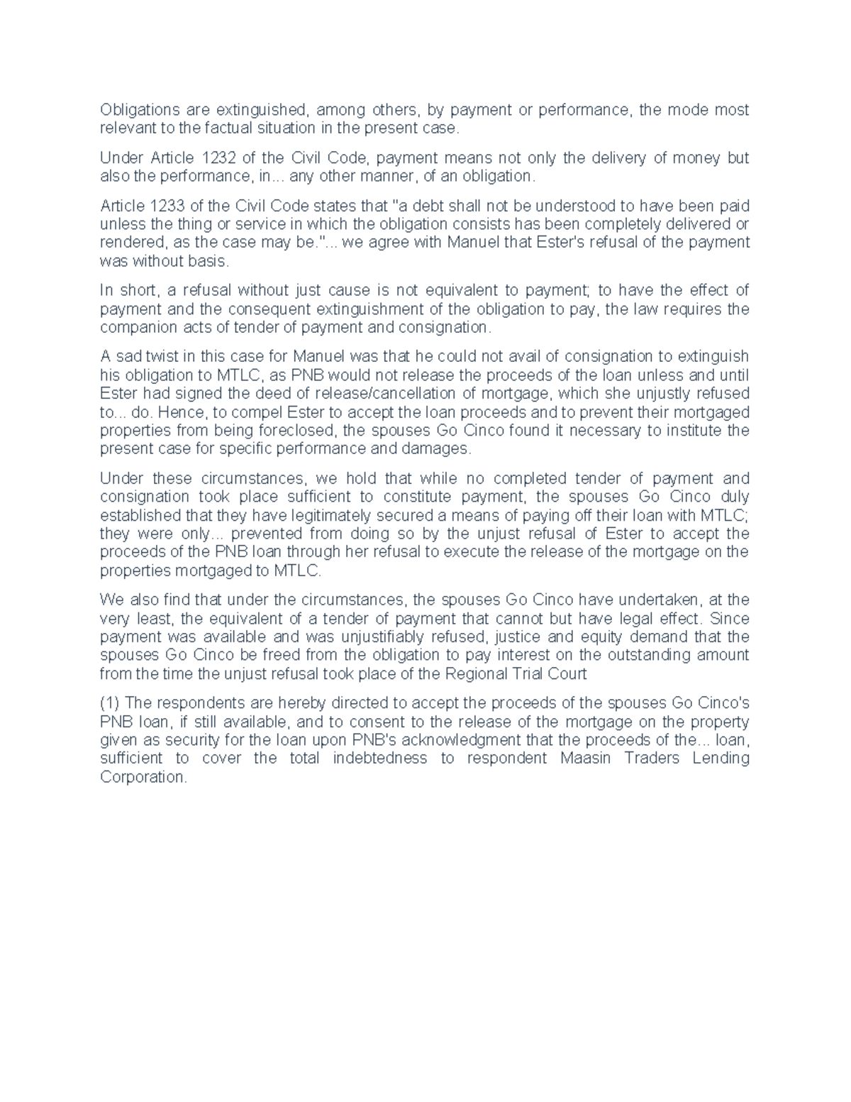 Cinco Ruling - Case Synopsis on Payment and Performance Issues - Studocu