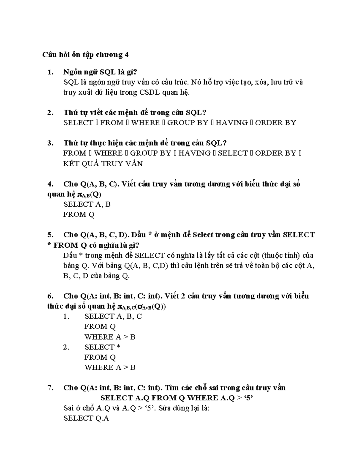 Câu hỏi ôn tập chương 4 (8-2022) về Ngôn ngữ SQL - Studocu