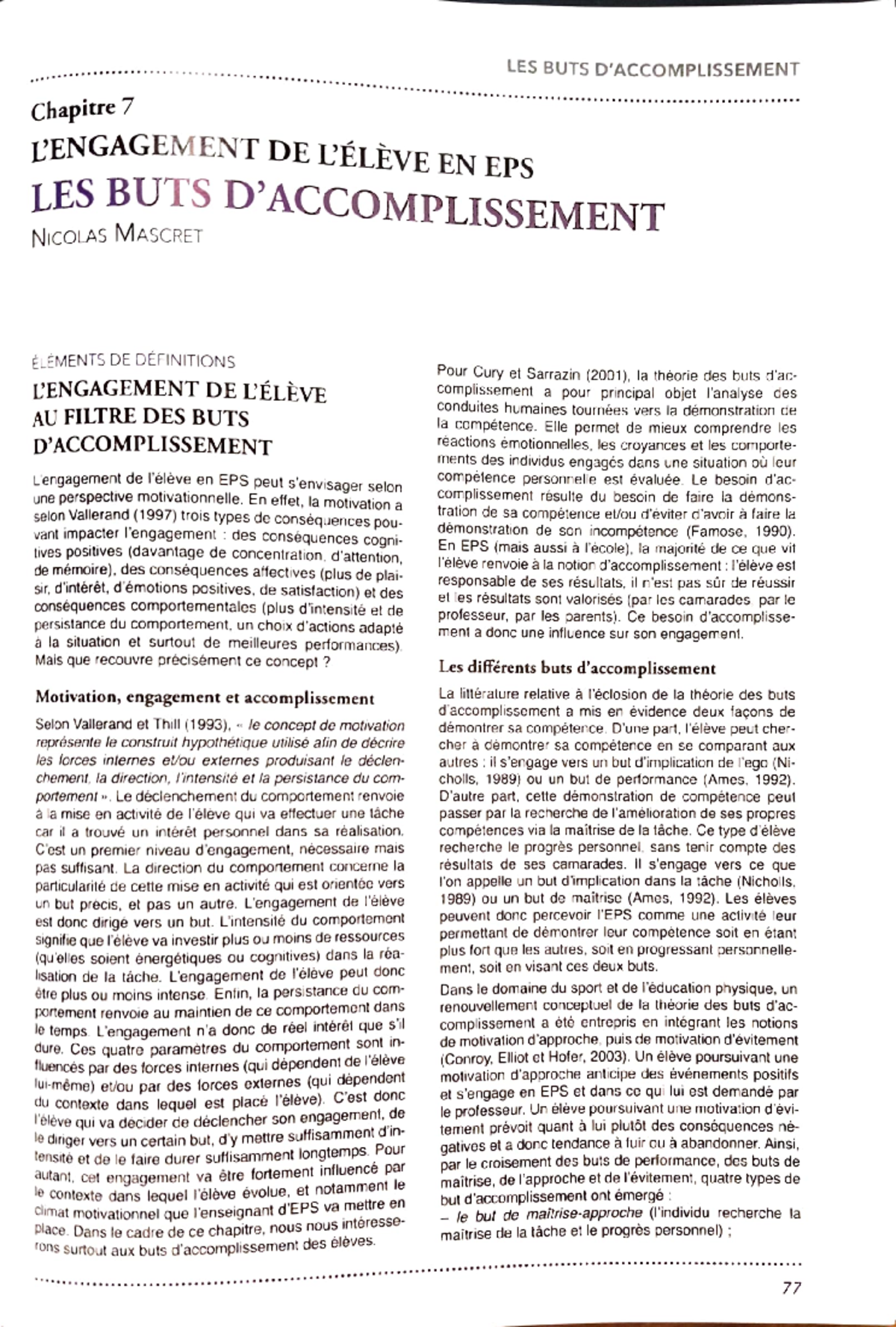 Les buts d'accomplissement et l'engagement des élèves en EPS - Mascret ...