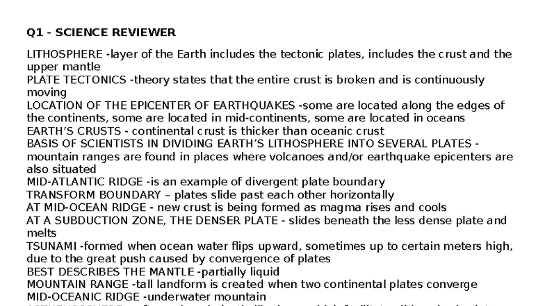 Q1 SCIENCE REVIEWER: LITHOSPHERE & PLATE TECTONICS Insights - Studocu