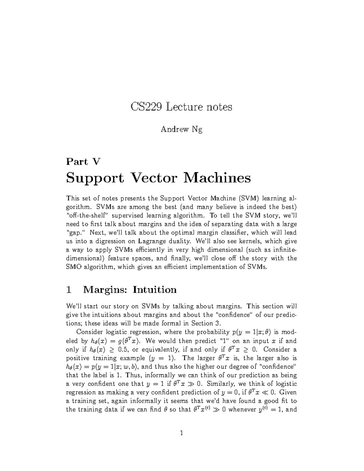 CS229 Lecture Notes: Support Vector Machines - In-Depth Analysis - Studocu