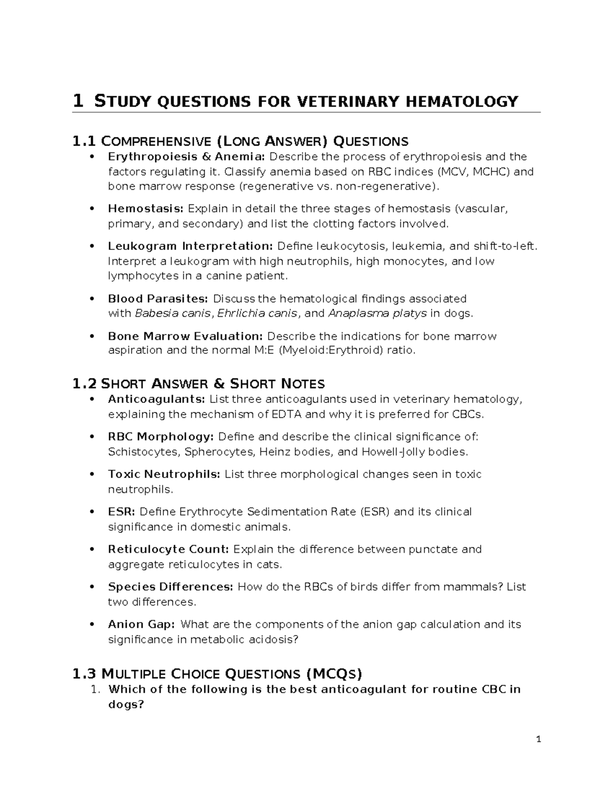 Veterinary Hematology Study Questions (Course Code: VET 101) - Studocu