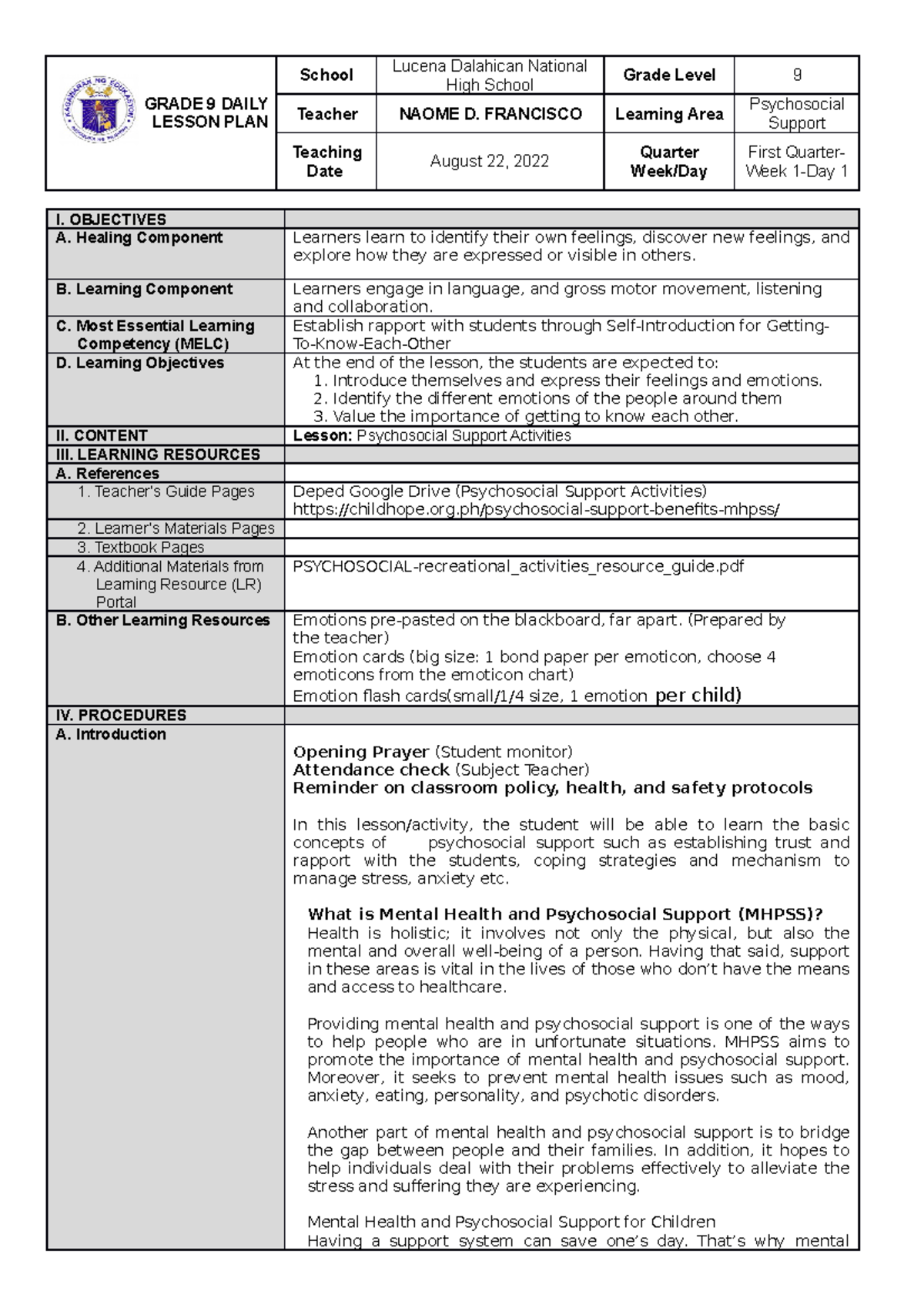 G9 DLP PS Day 1 - Psychosocial Support Activities Lesson Plan - Studocu