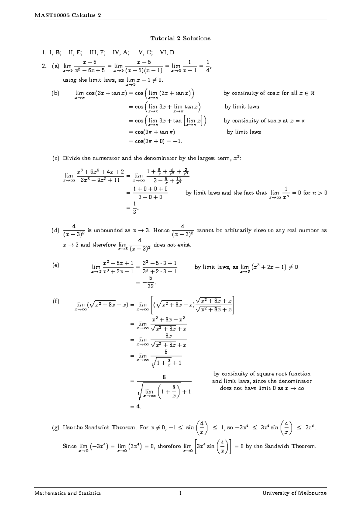 MAST10006 tutorial 2 Solns - MAST10006 Calculus 2 Tutorial 2 Solutions ...