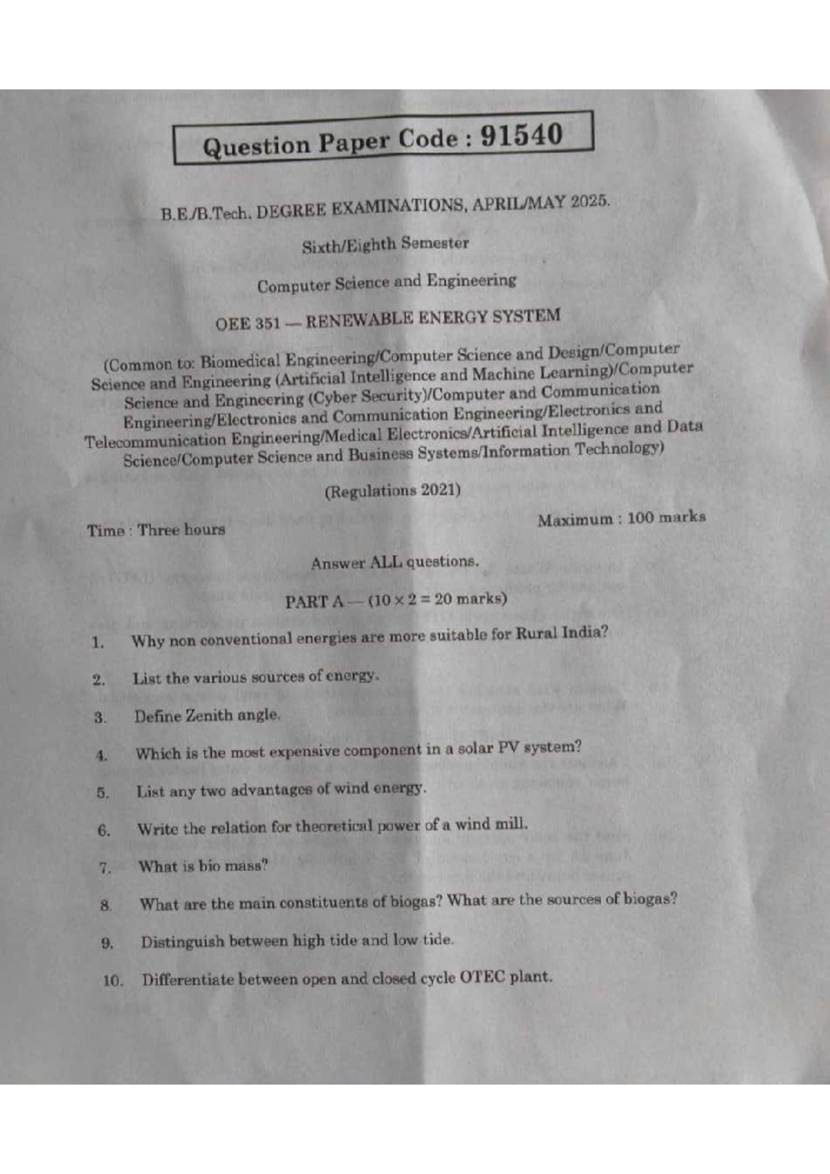 OEE 351 Final Exam Question Paper 2025 - Renewable Energy Systems - Studocu