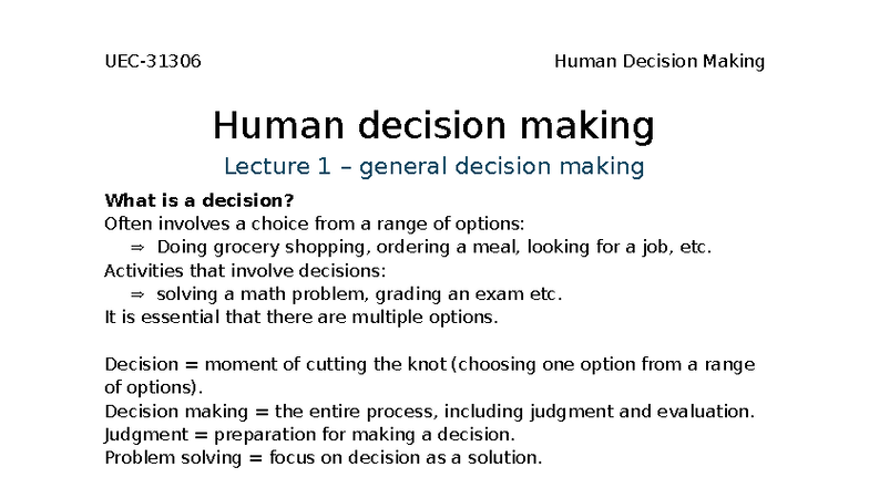 Human Decision Making UEC Lecture Notes: Insights and Strategies ...