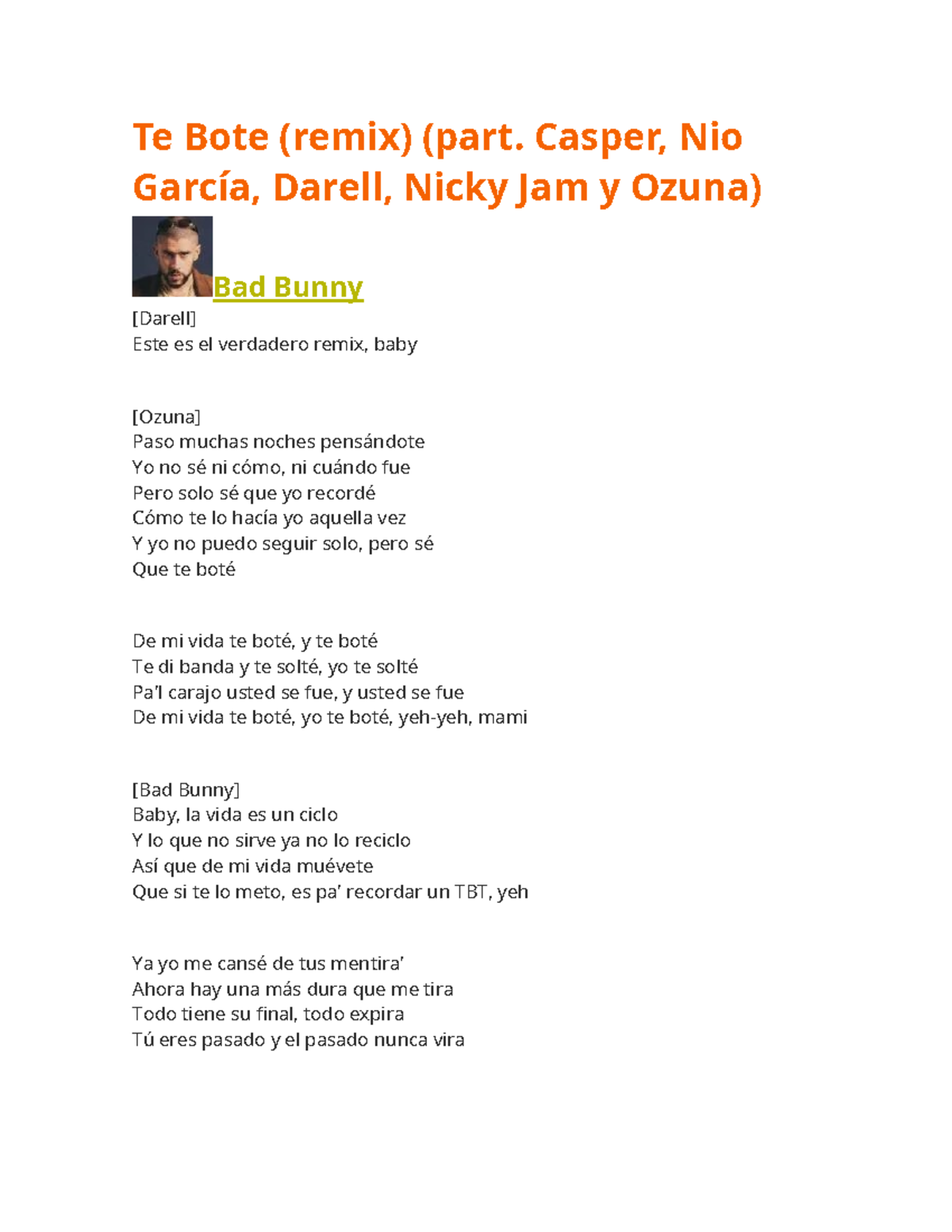 Te Bote (Remix) - Bad Bunny, Nicky Jam, Ozuna, Darell, Casper - Studocu