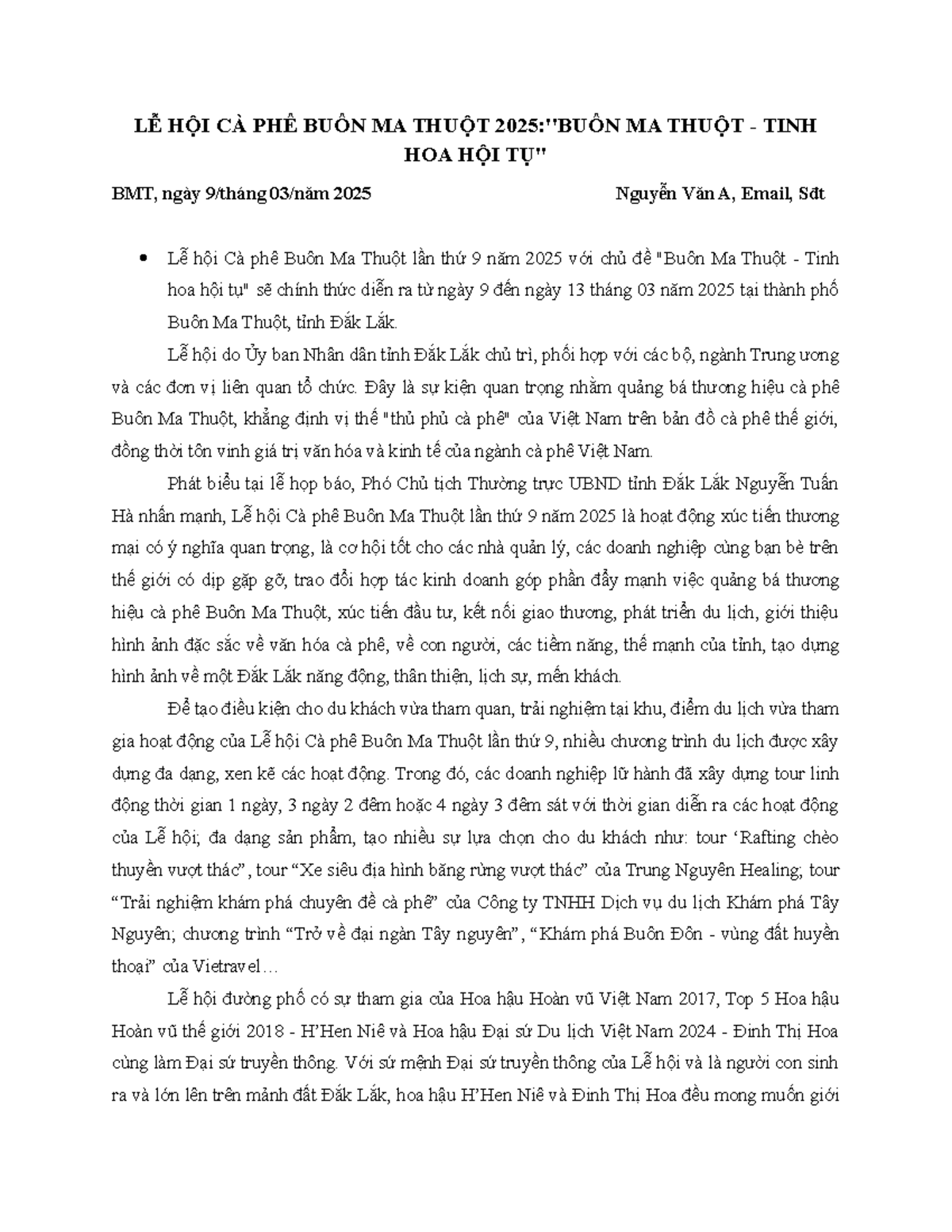 Lễ Hội Cà Phê Buôn Ma Thuột 2025: Tinh Hoa Hội BMT - Nhóm 7 Bài Tập 4 - Studocu