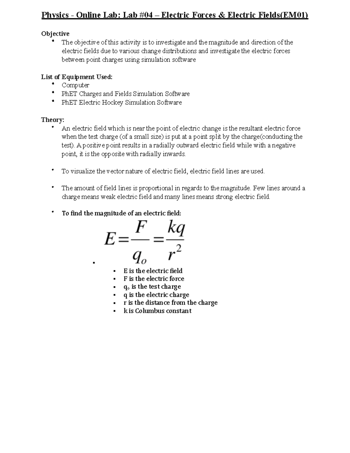 Lab #4 - Electric Forces & Fields Analysis - PHYS102 - Studocu