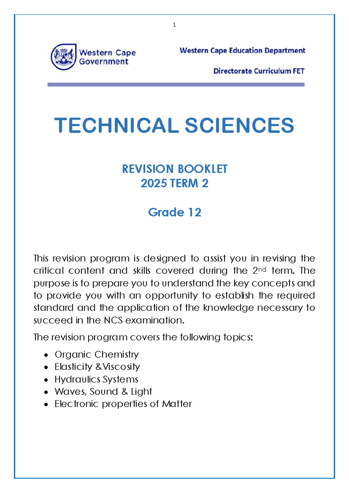 Technical Sciences Gr 12 Revision Booklet 2025: Term 2 Guide - Studocu