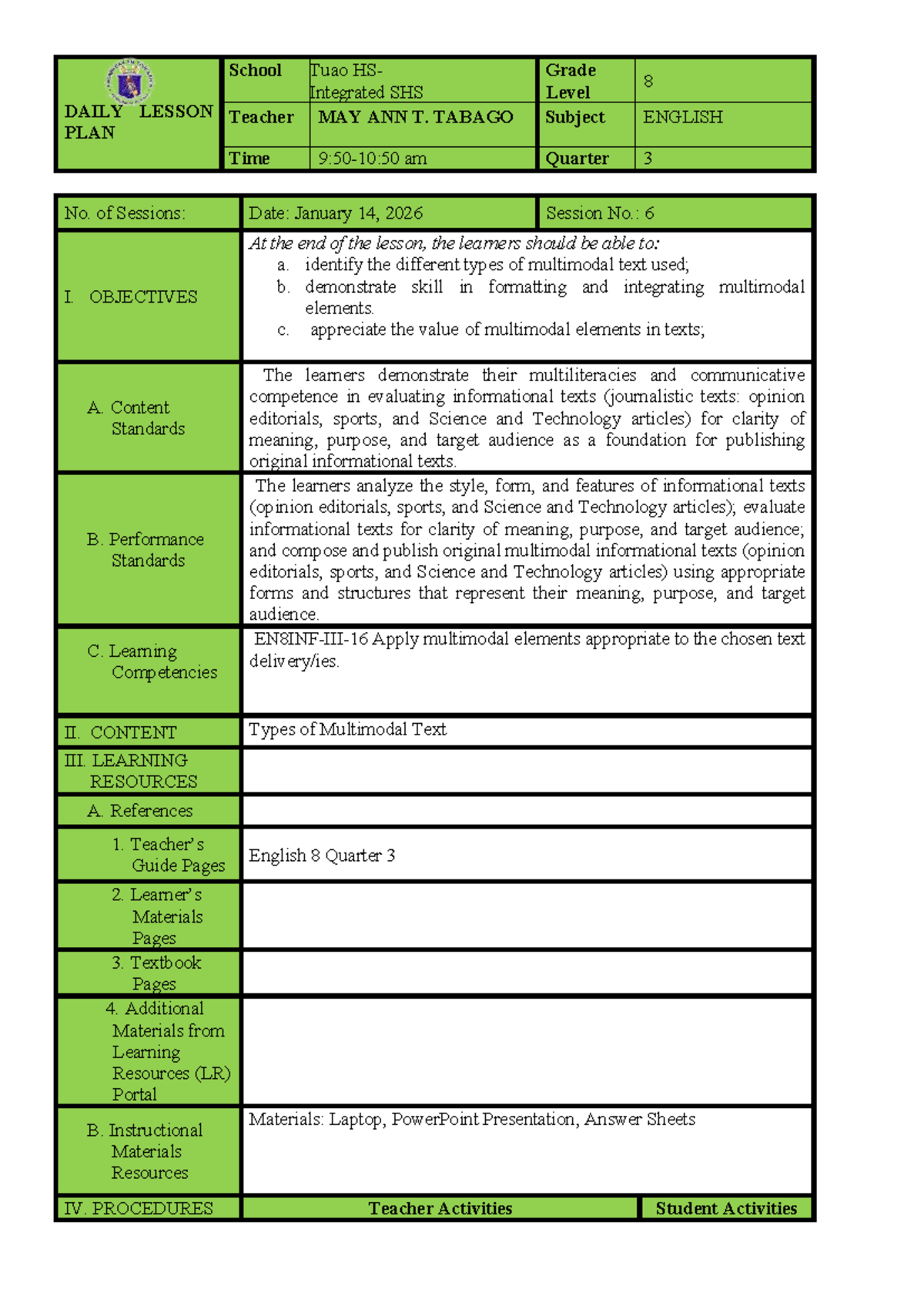 ENGLISH 3 Lesson Plan: Exploring Types of Multimodal Texts - Studocu