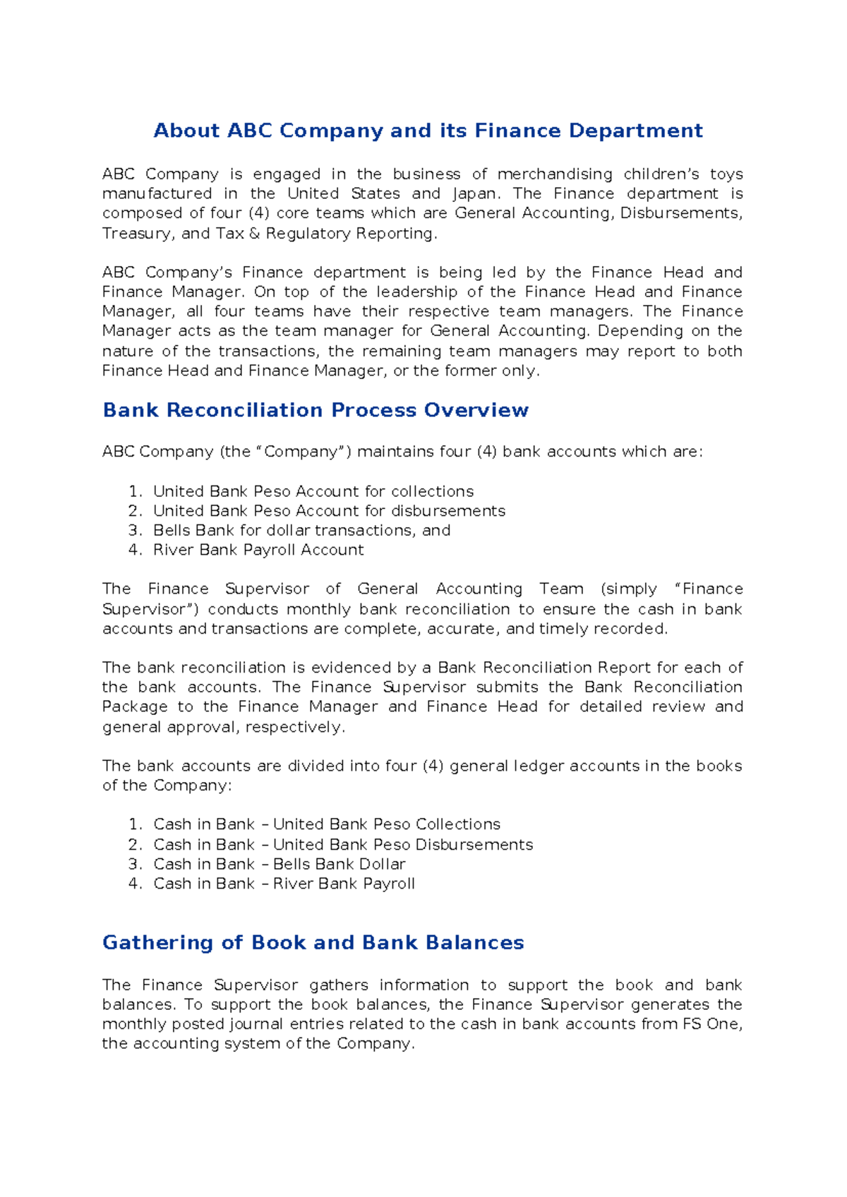 ABC 101: Overview of ABC Company's Finance Dept & Bank Reconciliation ...
