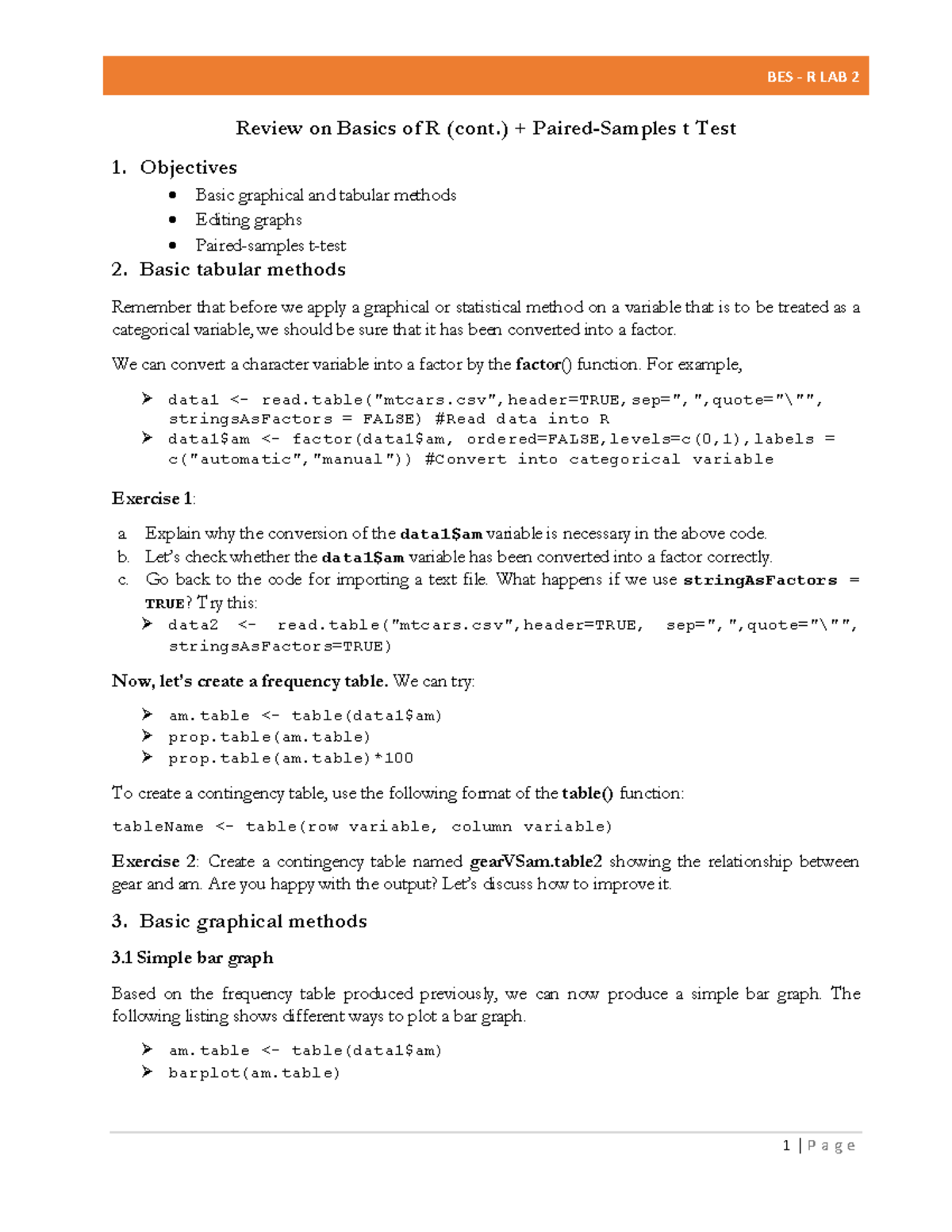 BES R LAB 2 Review: Basics of R & t-Test Exercises - Studocu