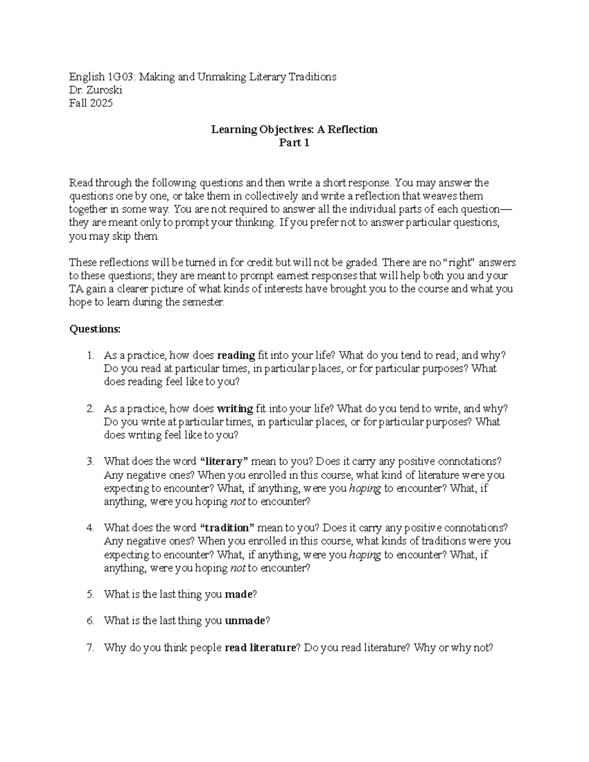 English 1G03: Opening Reflection on Literary Traditions - Studocu